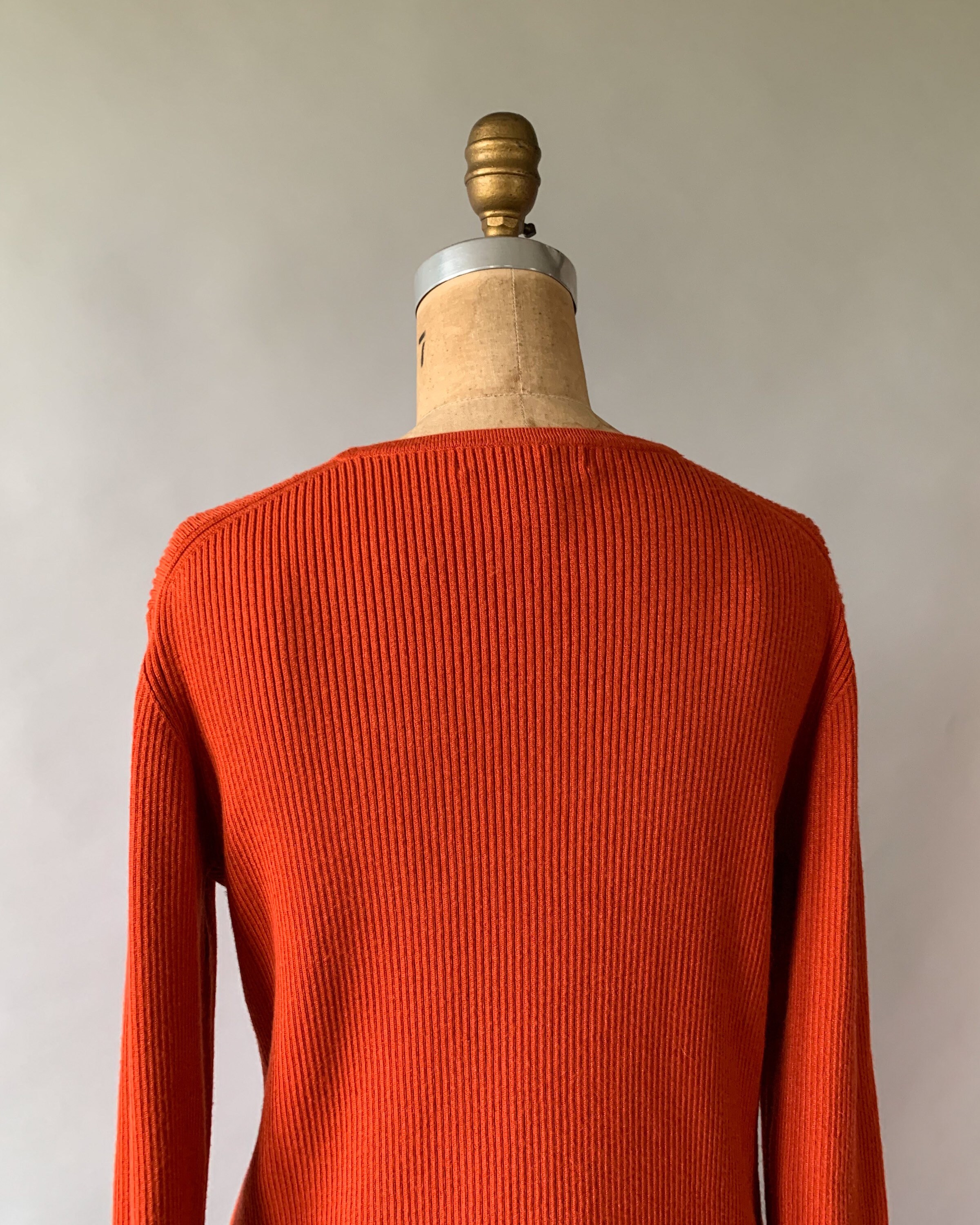 Vintage 1990s orange ribbed knit button down fitted sweater, Small