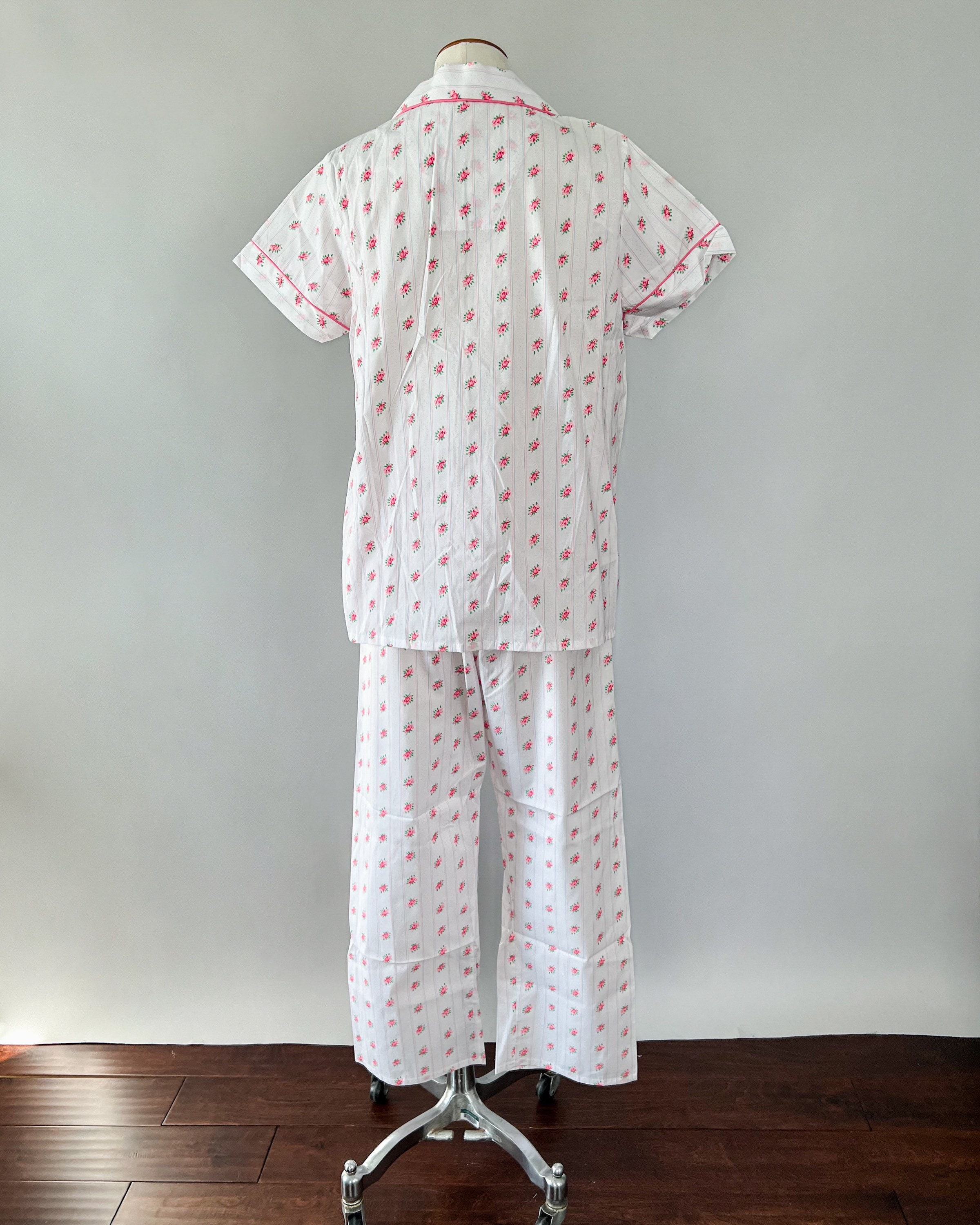 Vintage 80s Pajamas, 1980s 1990s Multi Floral Stripe Cotton Poly 2PC PJ ...