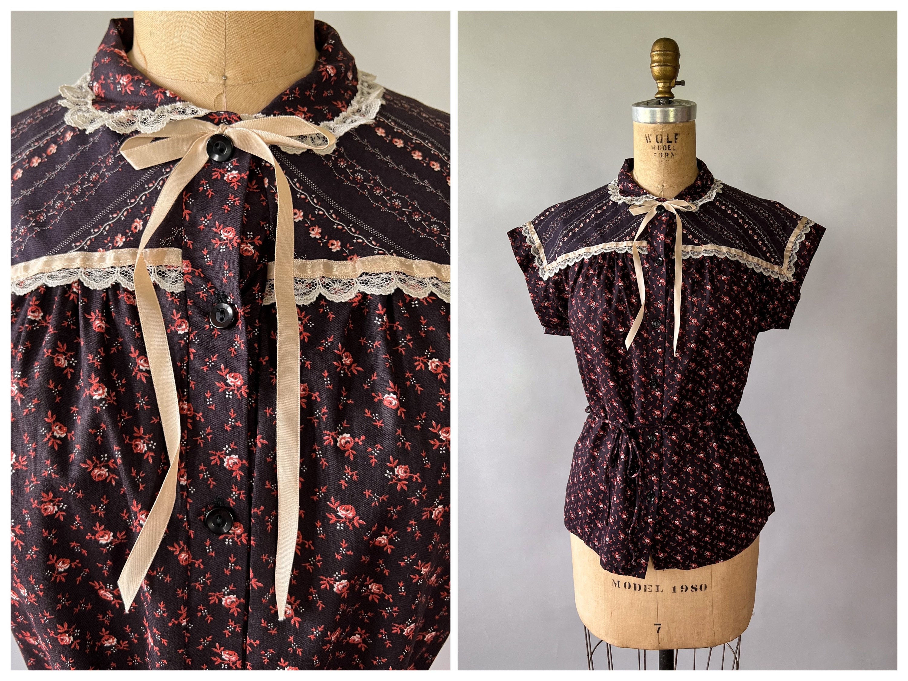 Vintage 1970s brown calico lace trim ruffled yoke prairie blouse, Small