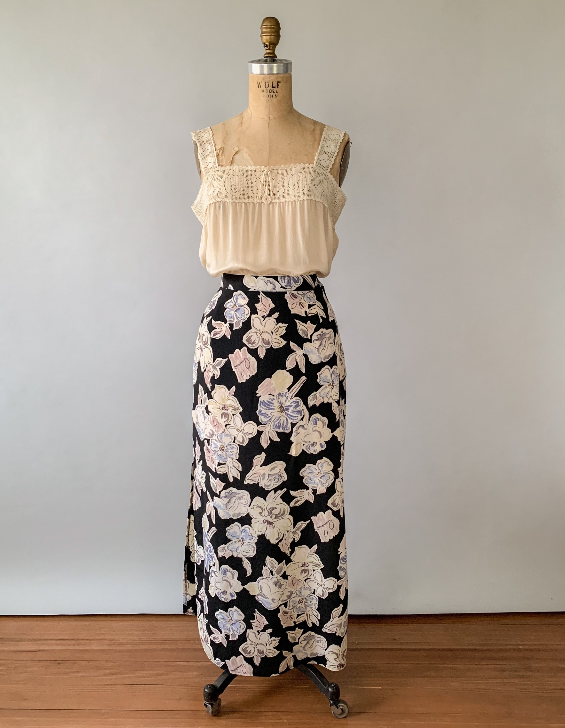 Vintage 1990s black floral maxi skirt, Medium
