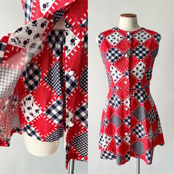 Vintage 70s Set, 1970s Red White Blue Patchwork Print… - Gem