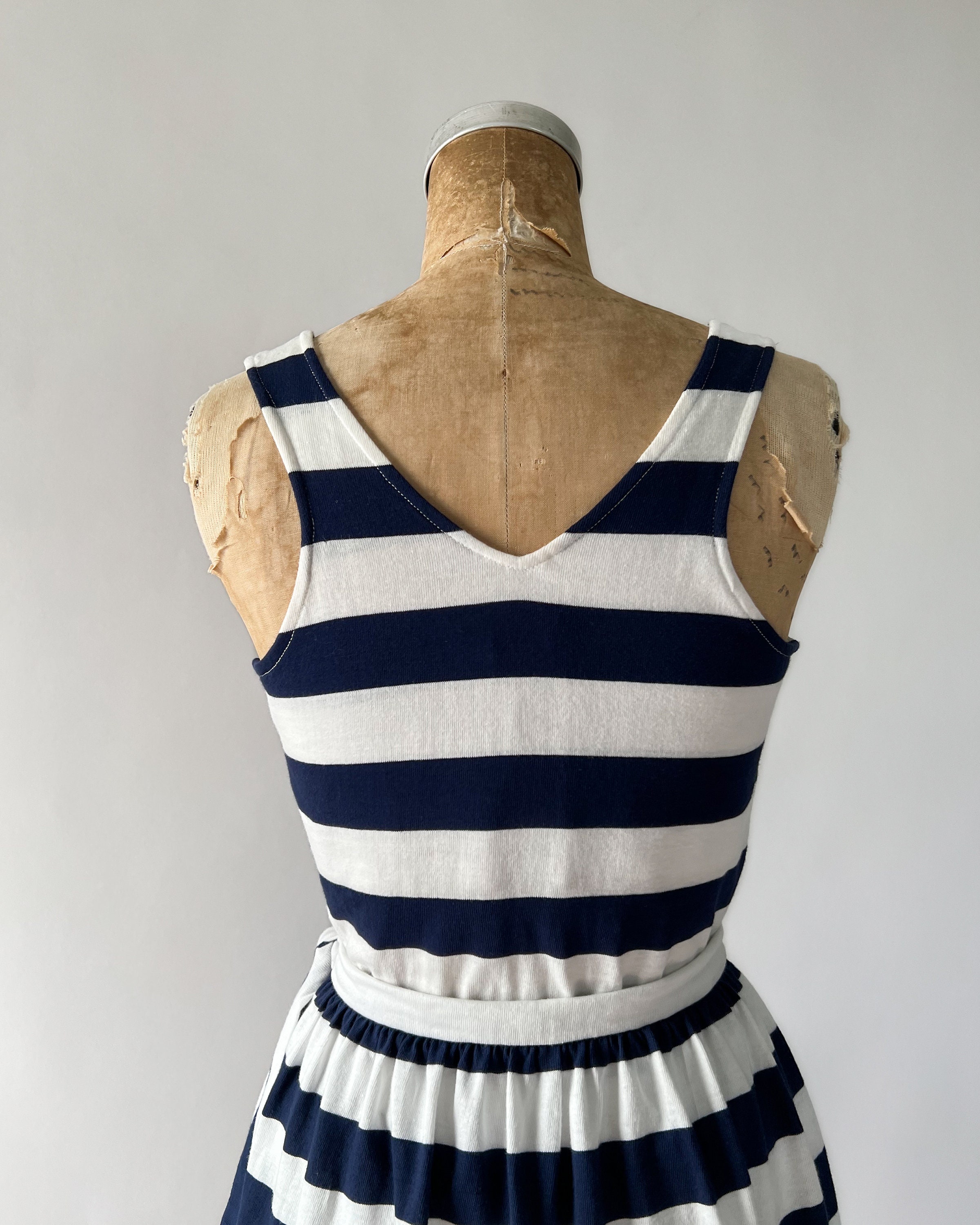 1970s Vintage Mod Navy White Stripe Cotton Knit Tunic Tank Top Micro ...