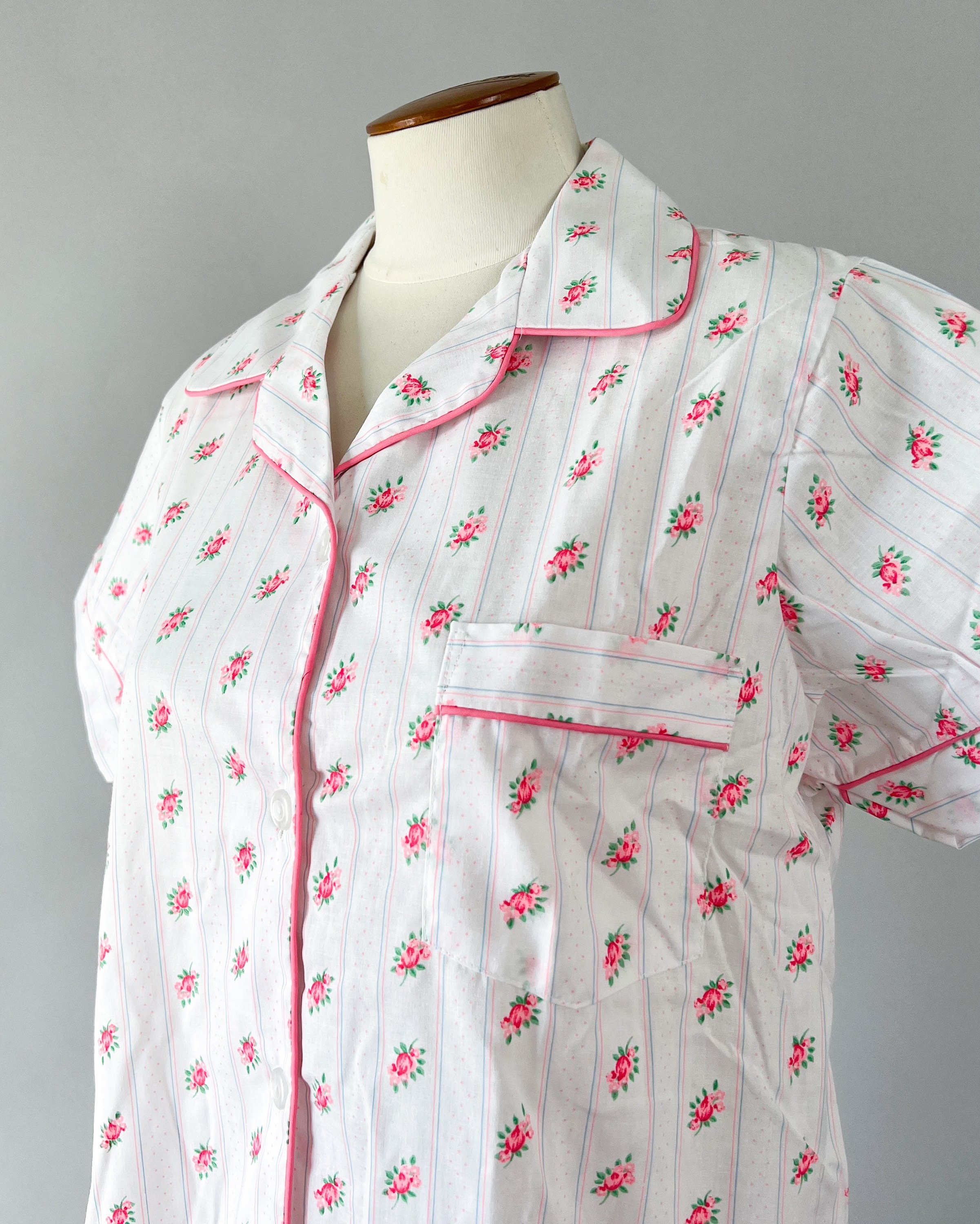 Vintage 1980s 1990s Multi Floral Stripe Cotton Poly 2PC PJ Sets, Medium, 38