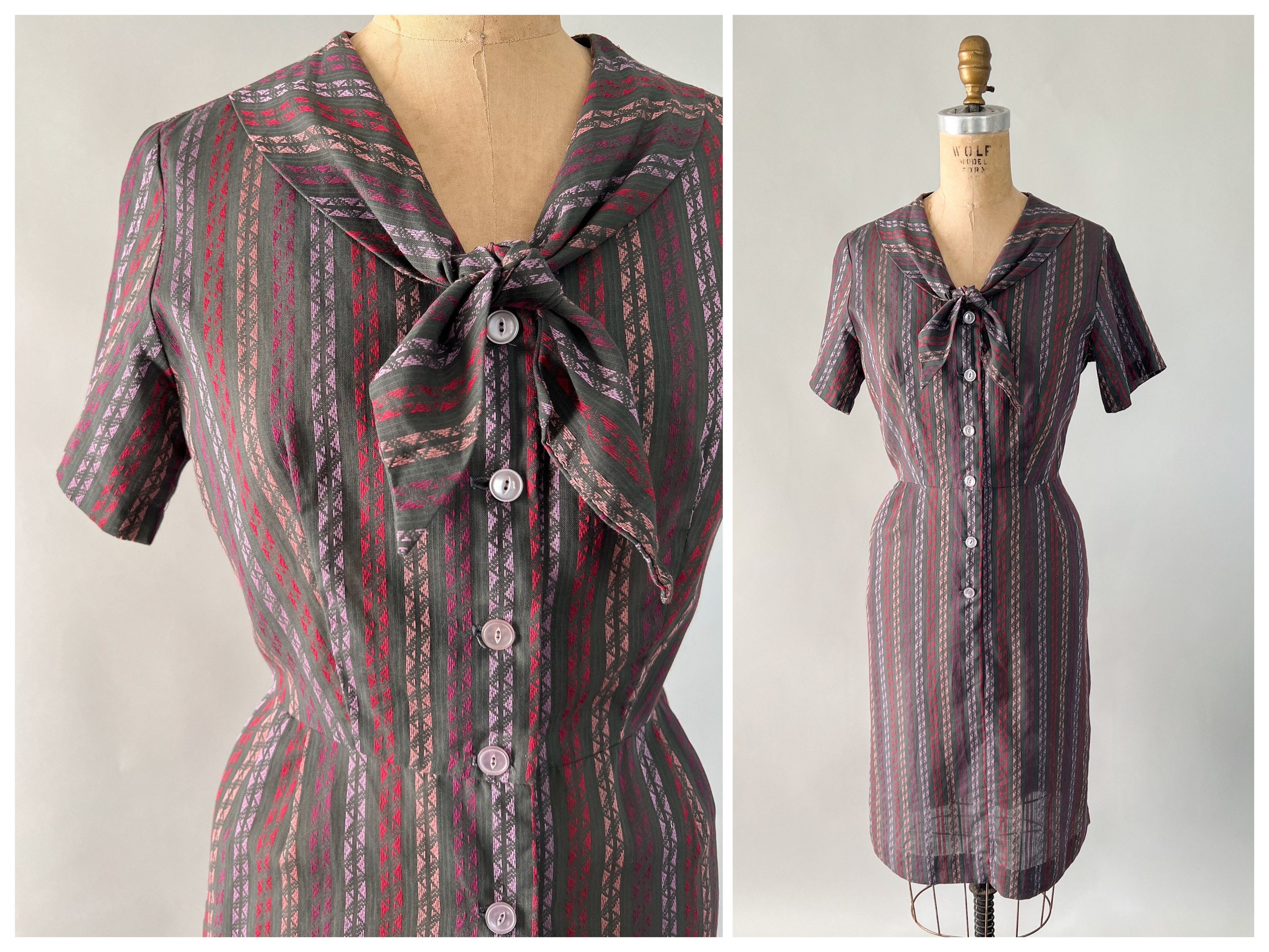 Vintage 1950s gray striped cotton necktie dress, Medium, W30