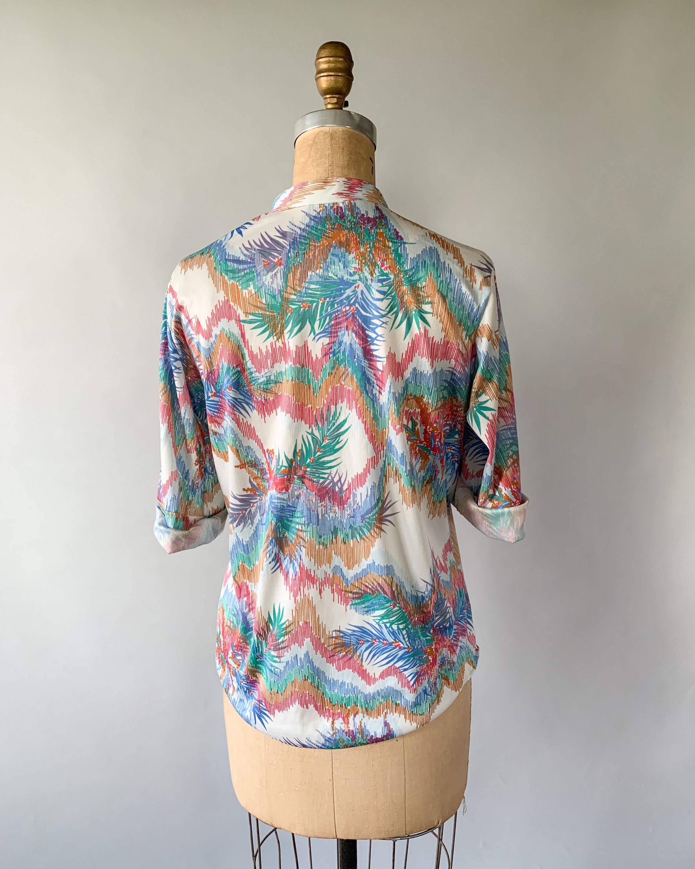 Vintage 1970s colorful palm print poly knit henley top, Small