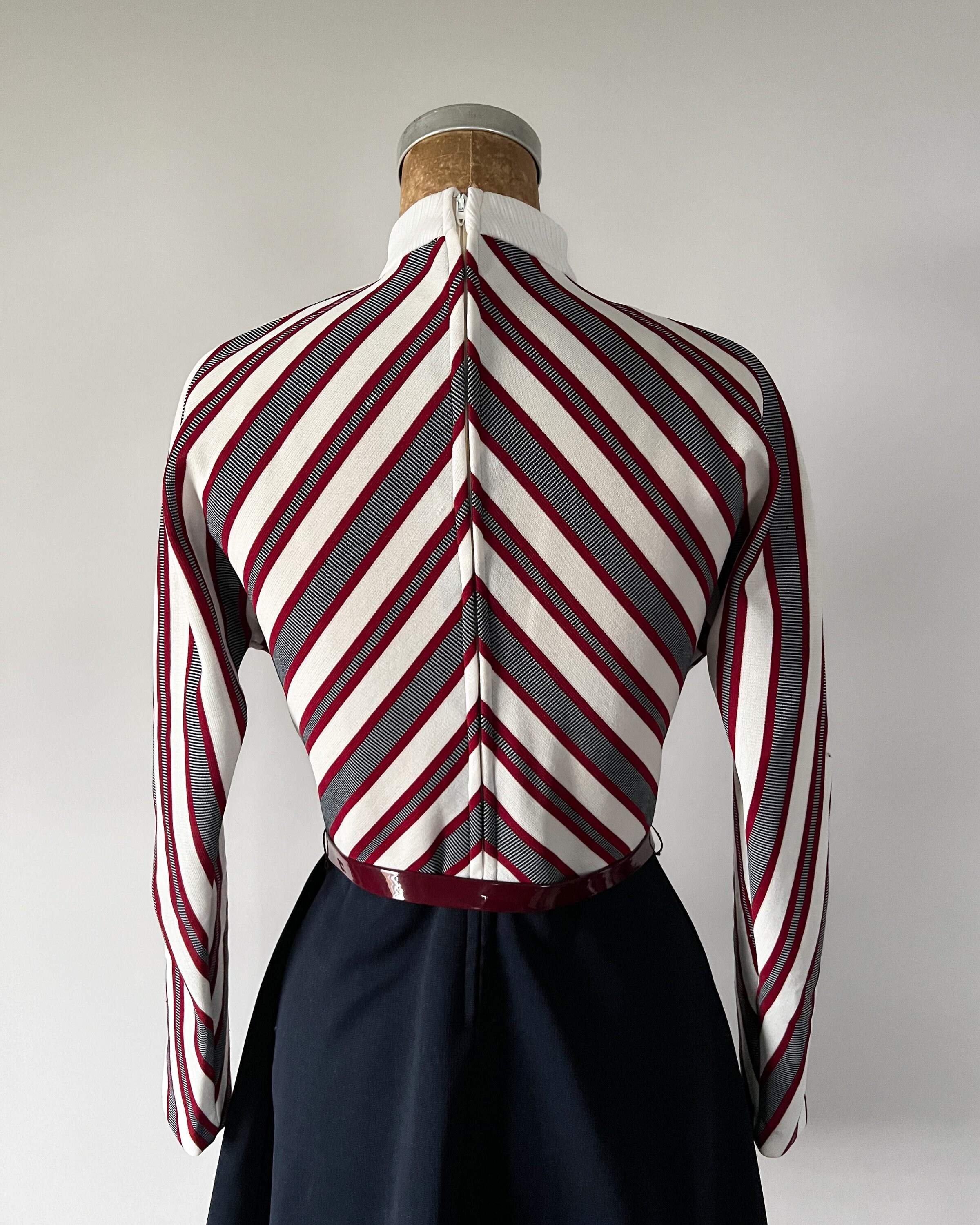 Vintage 1960s Mod Navy White Red Chevron Mock Neck Mini, Extra Small, Small