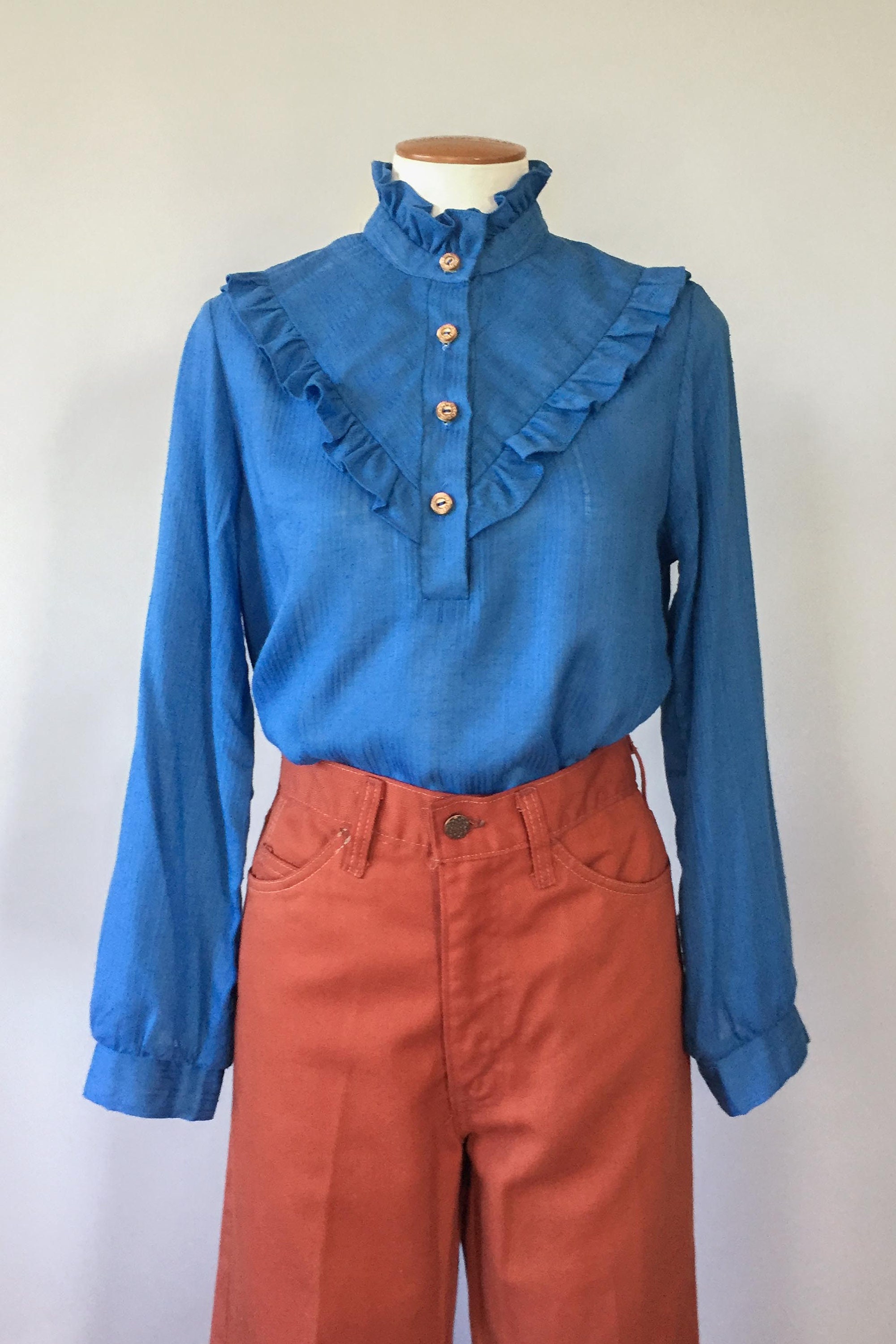 Vintage 1970s blue ruffled Victorian style prairie blouse Small S