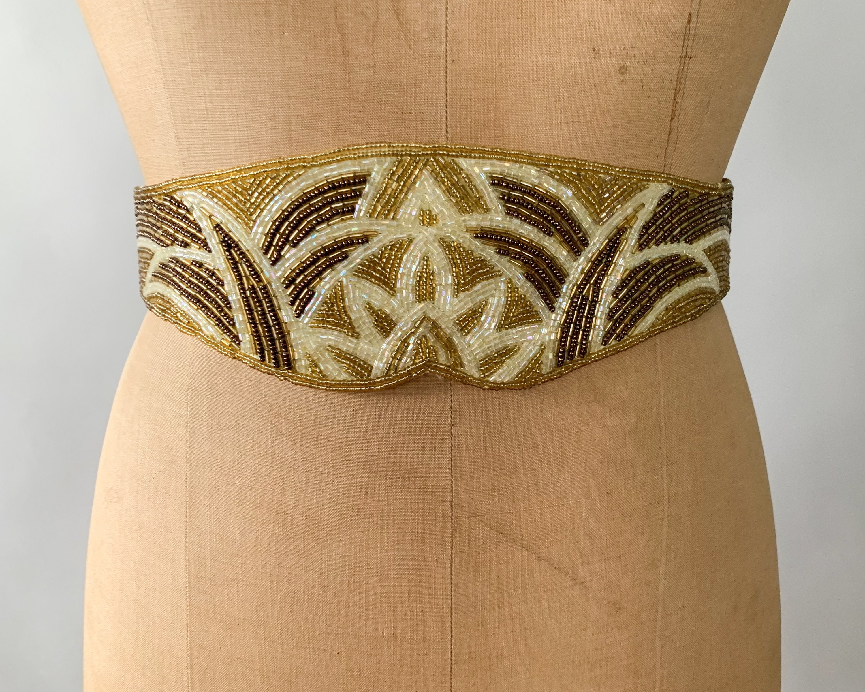 Vintage 1980s gold beaded cummerbund belt / medium M / 33” waist