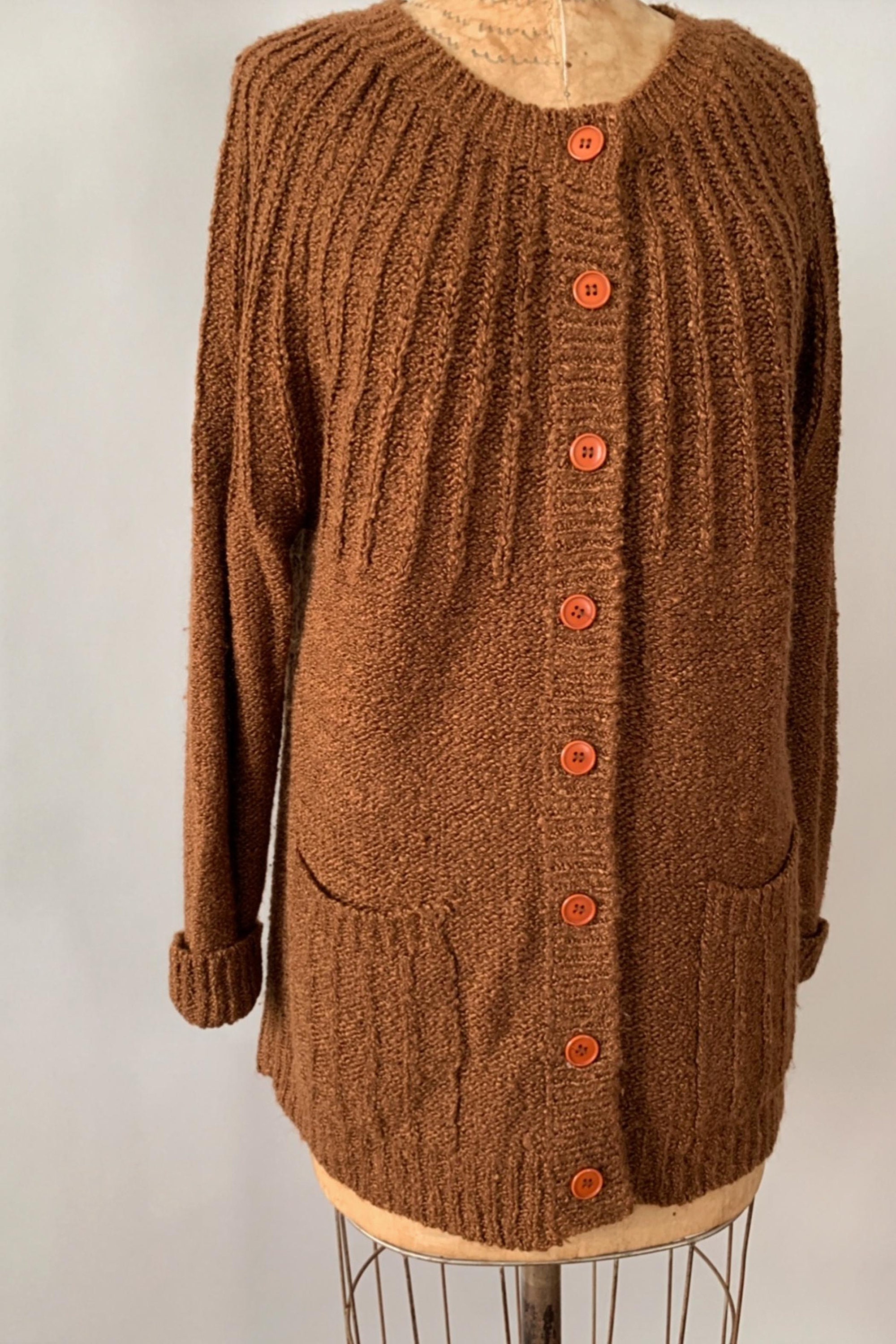 Vintage 1980s 80s rust brown chestnut boucle knit long cardigan sweater ...