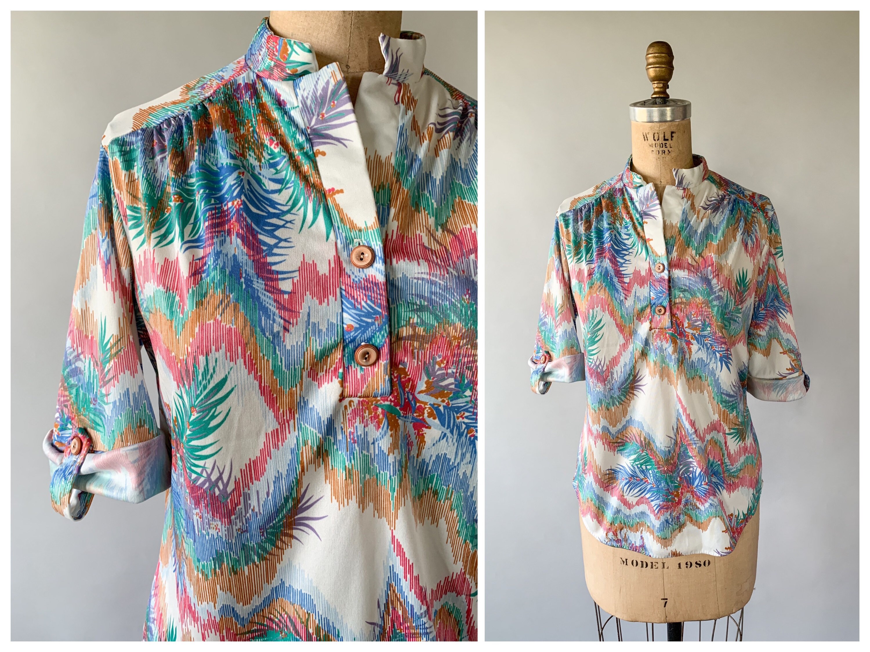 Vintage 1970s colorful palm print poly knit henley top, Small