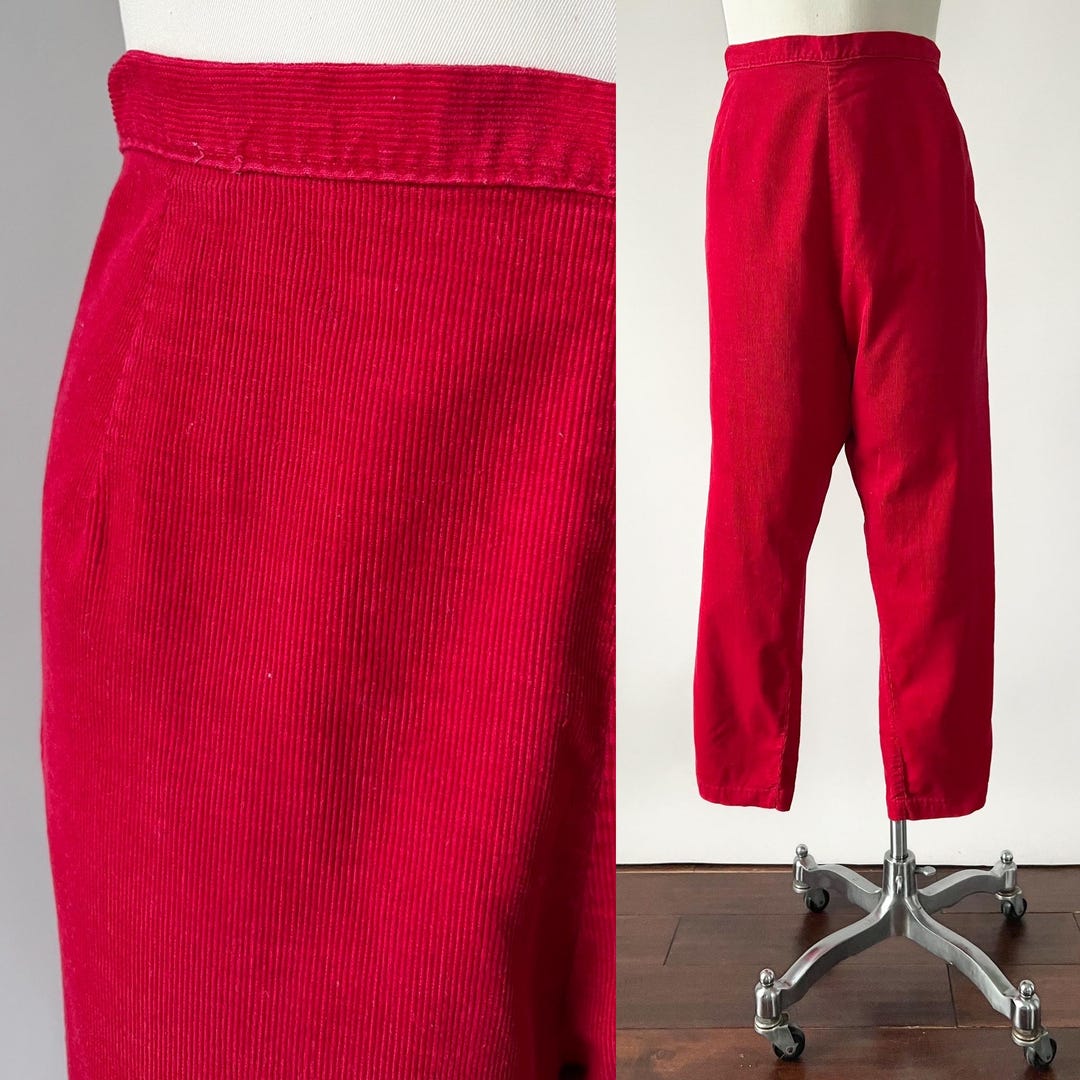 Vintage 50s Pants, 1950s 1960s Red Cotton Corduroy High Waisted Cropped ...