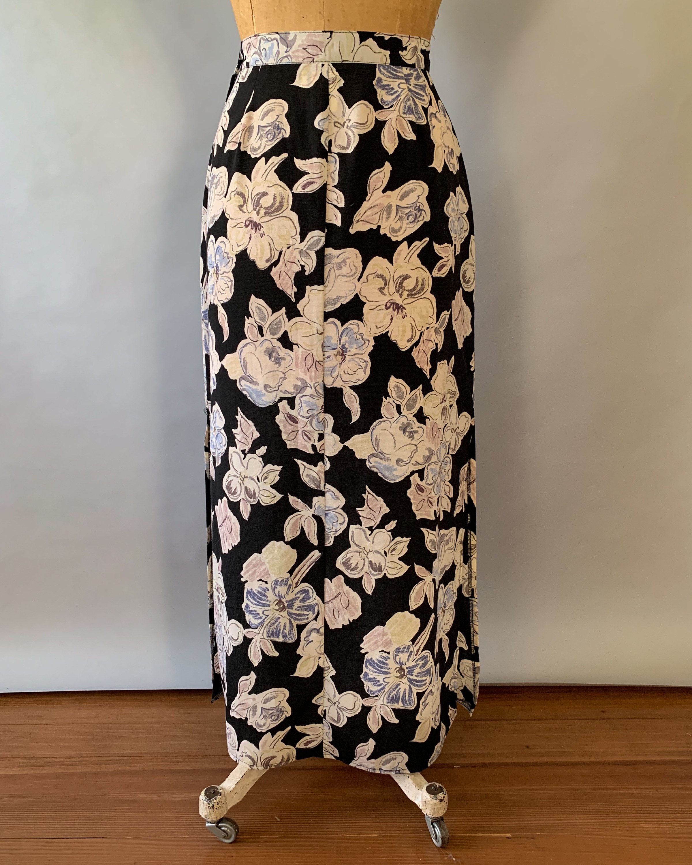 Vintage 1990s black floral maxi skirt, Medium