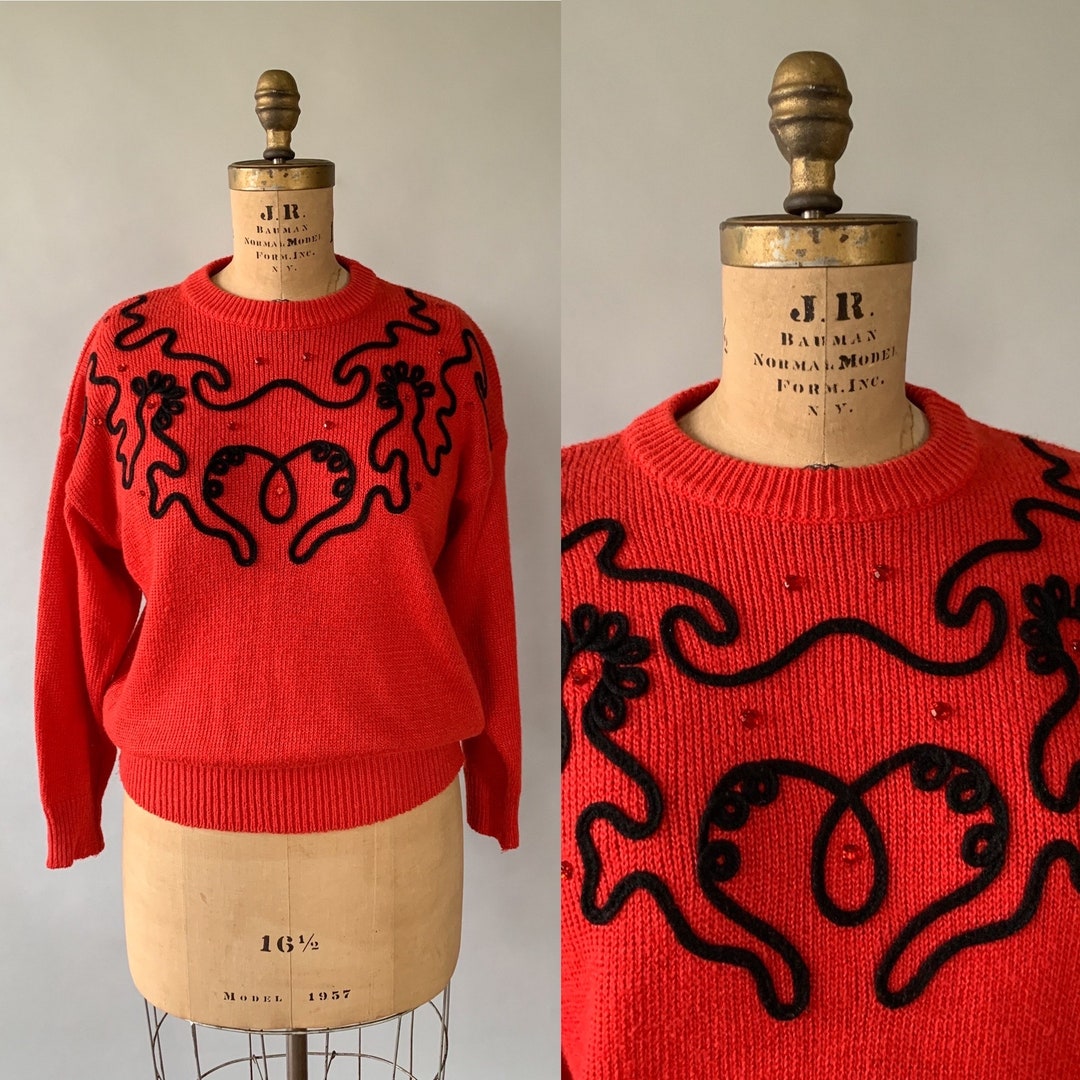 Vintage 80s Sweater, 1980s Tomato Red Acrylic Black Soutache ...
