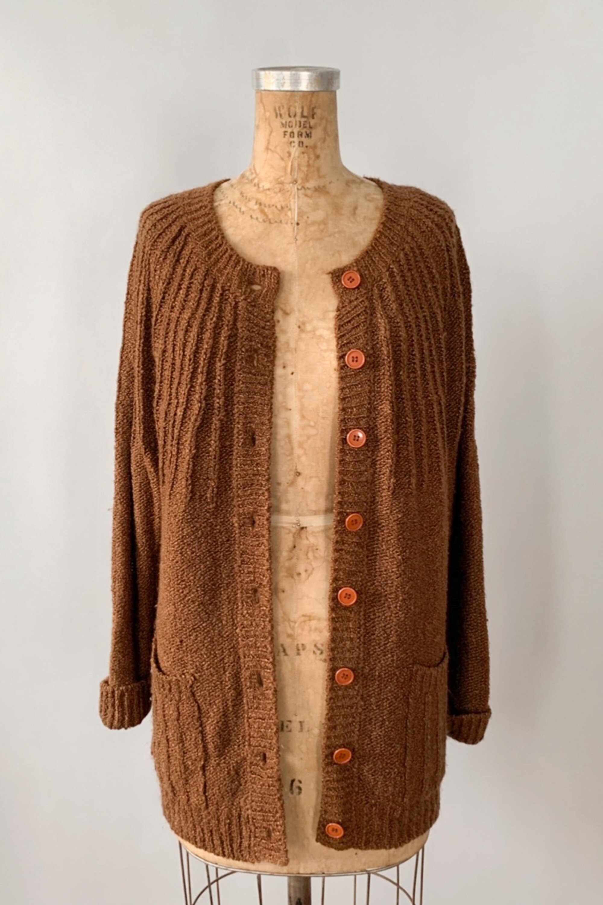 Vintage 1980s 80s rust brown chestnut boucle knit long cardigan sweater ...