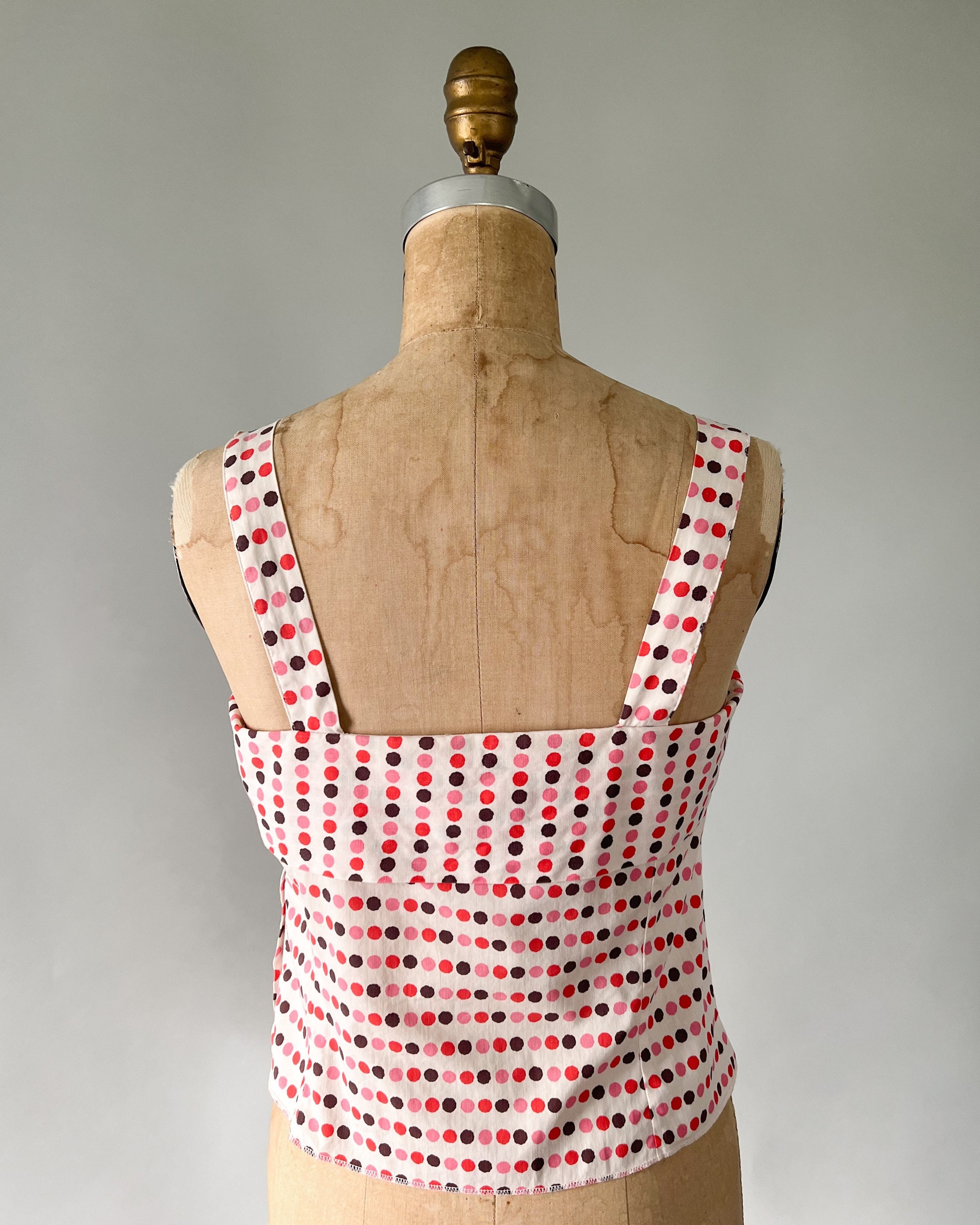 Vintage 1950s pink brown polka dot cotton collared tank top, Small Medium