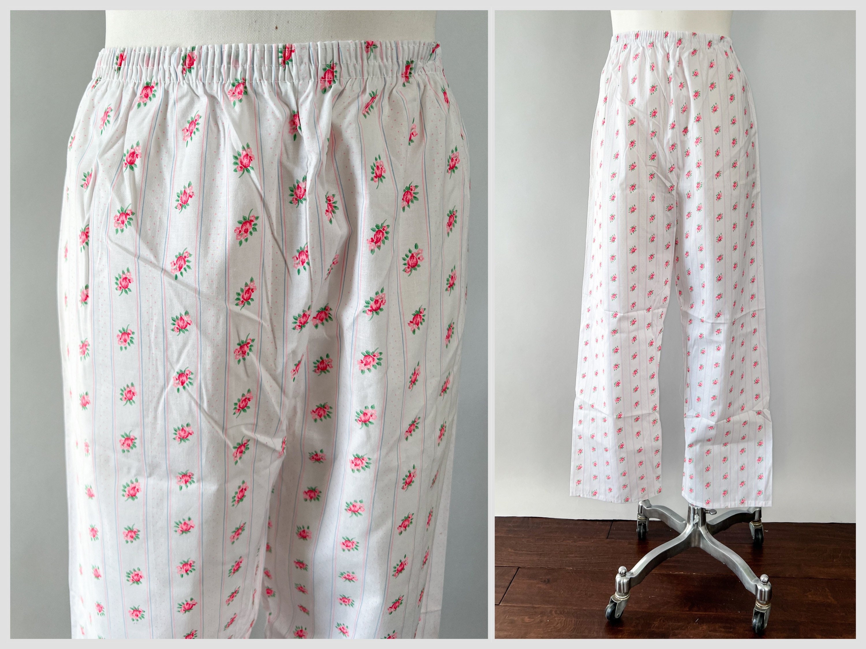 Vintage 80s Pajamas, 1980s 1990s Multi Floral Stripe Cotton Poly 2PC PJ ...