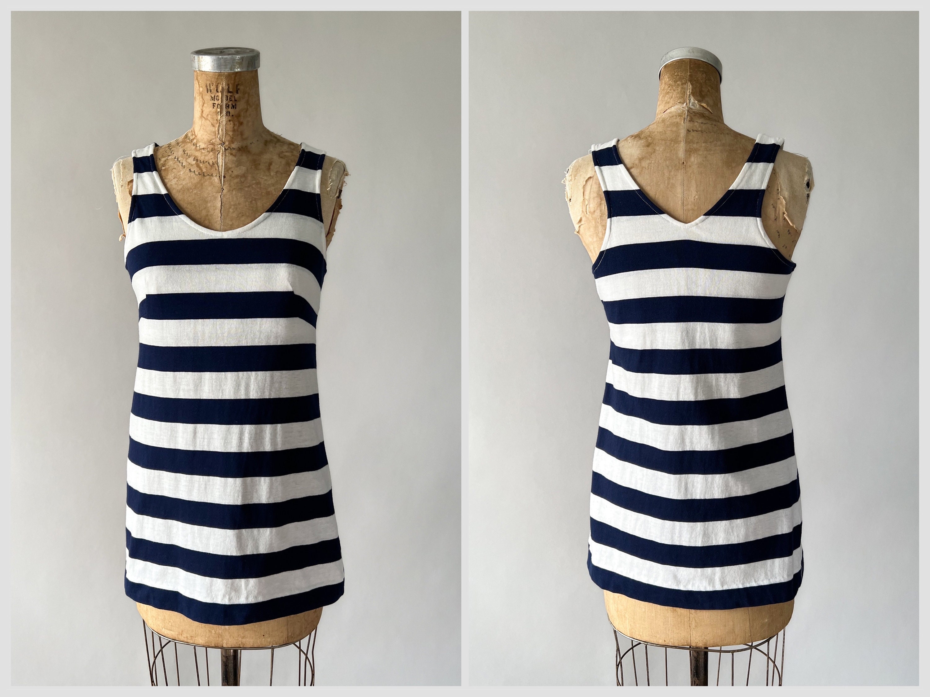 1970s Vintage Mod Navy White Stripe Cotton Knit Tunic Tank Top Micro ...