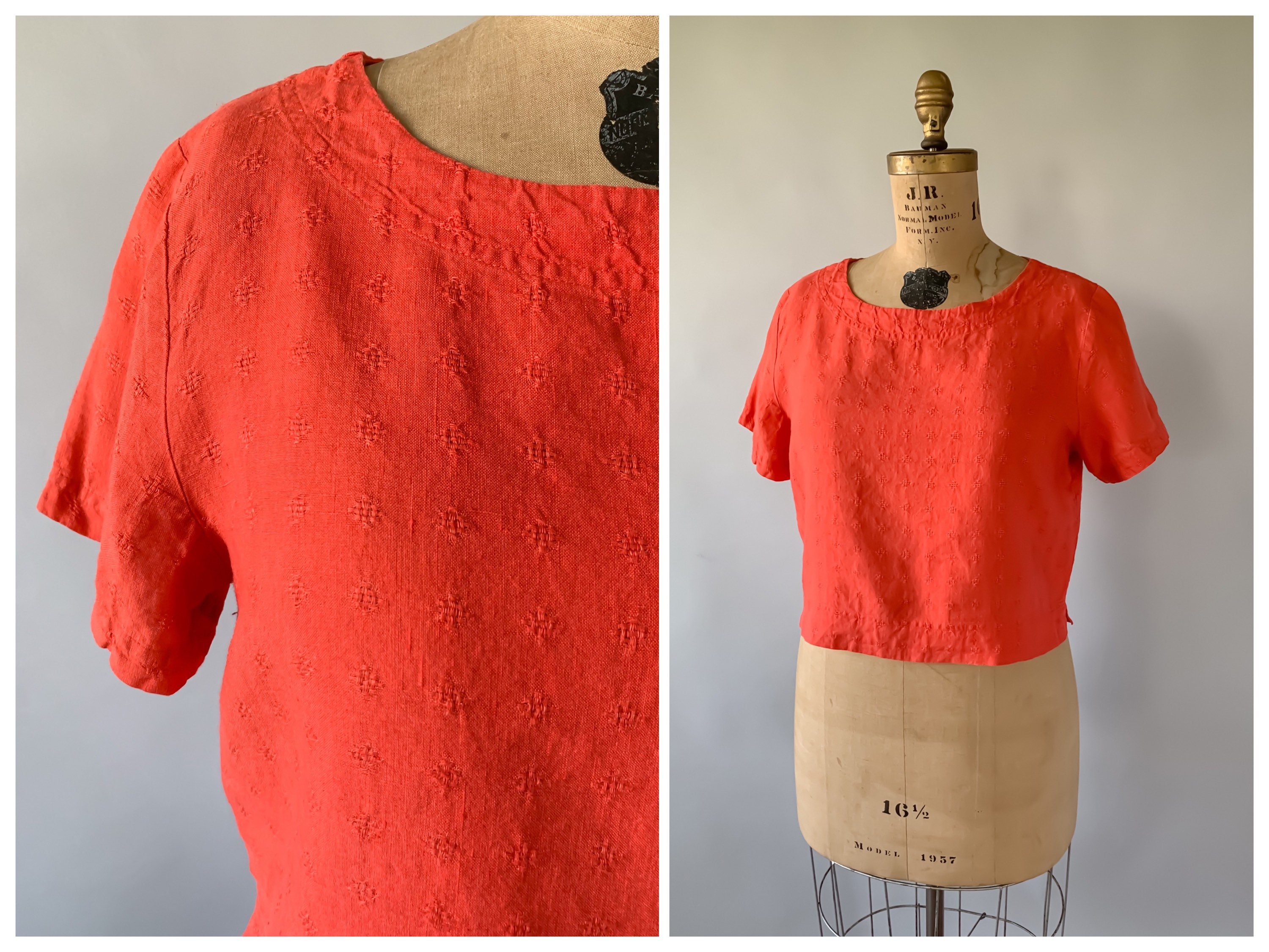 Vintage 1990s tomato red linen boxy top / Medium M