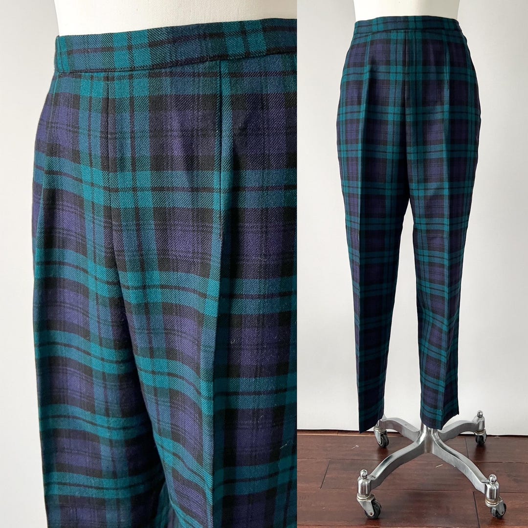 Vintage 60s Pants, 1950s 1960s Tan Jay Teal Blue Plaid Wool High ...