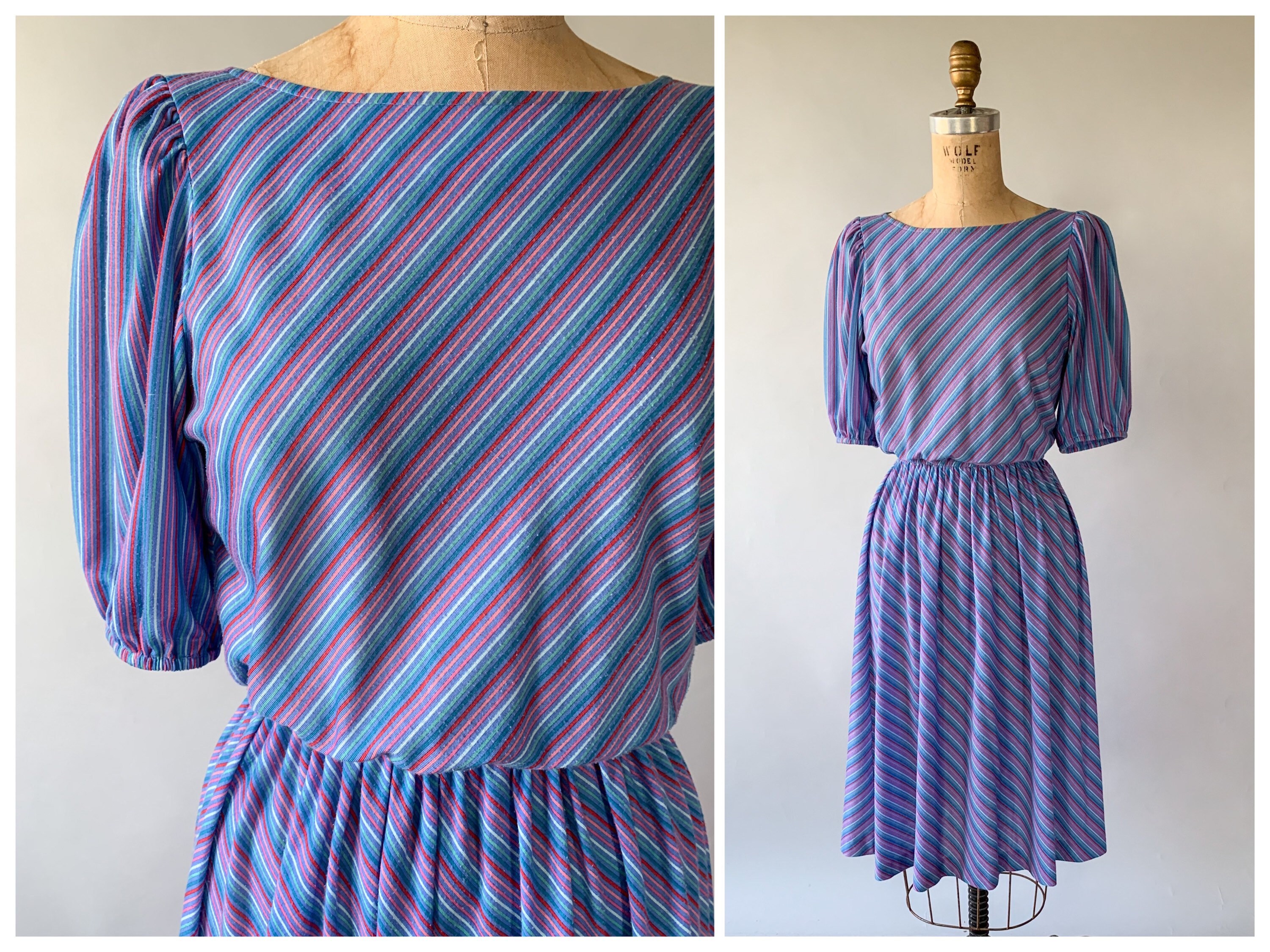 Vintage 1980s periwinkle rainbow striped puffed sleeve midi dress, Small