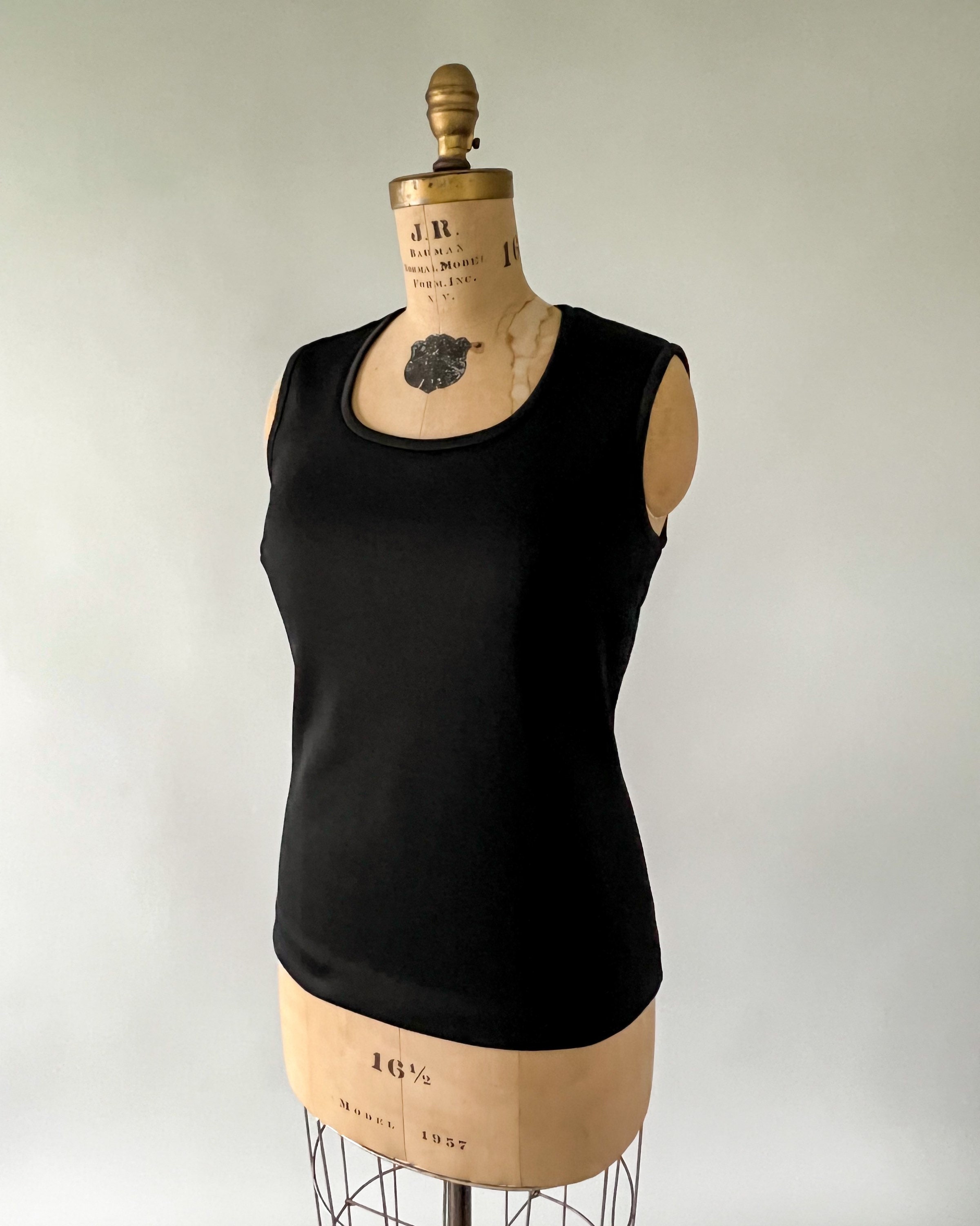 Vintage 1970s black polyester scoop neck tank top, Medium Large