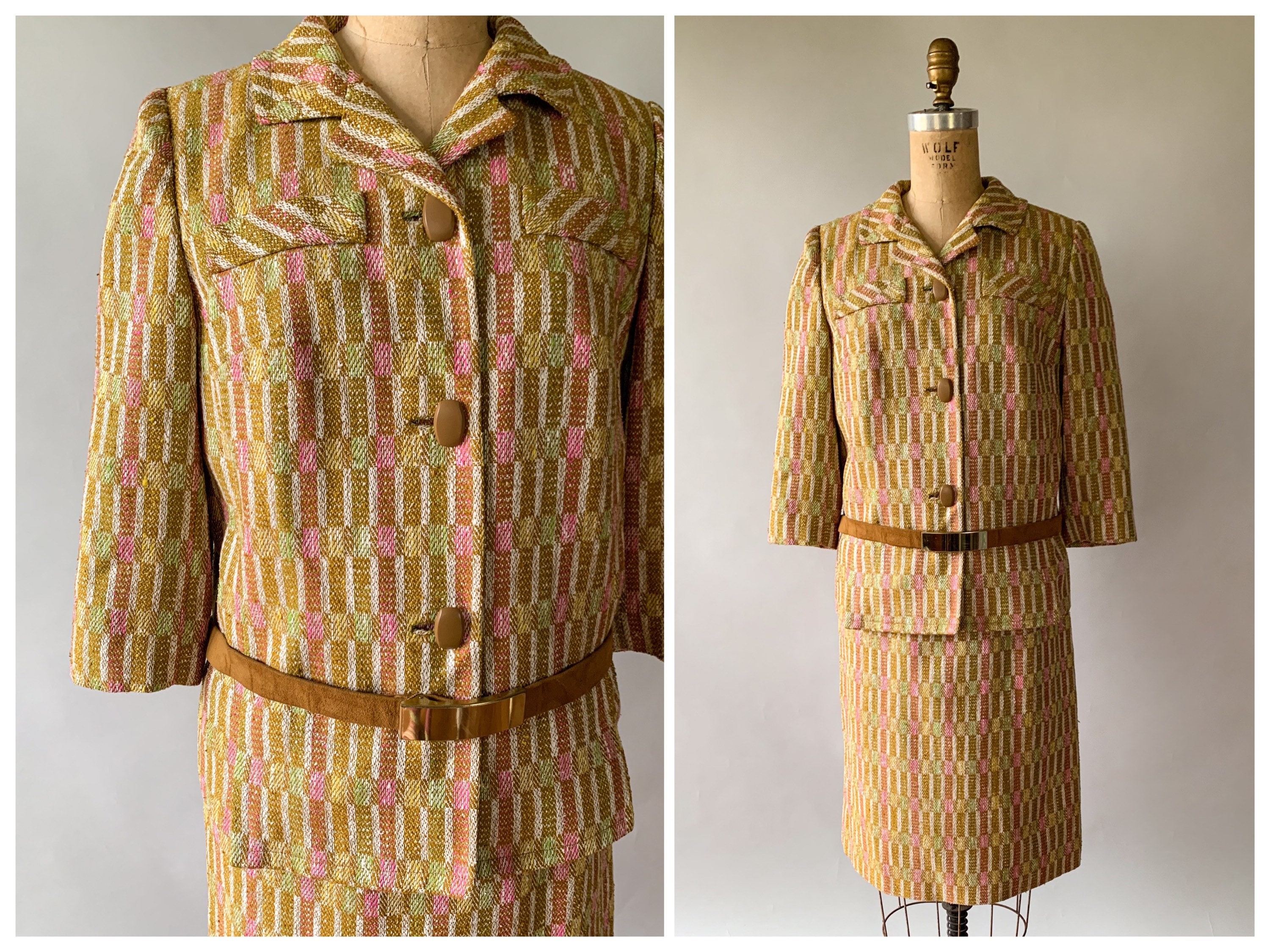 Vintage 1960s mustard plaid wool boxy jacket, pencil skirt, and brown ...