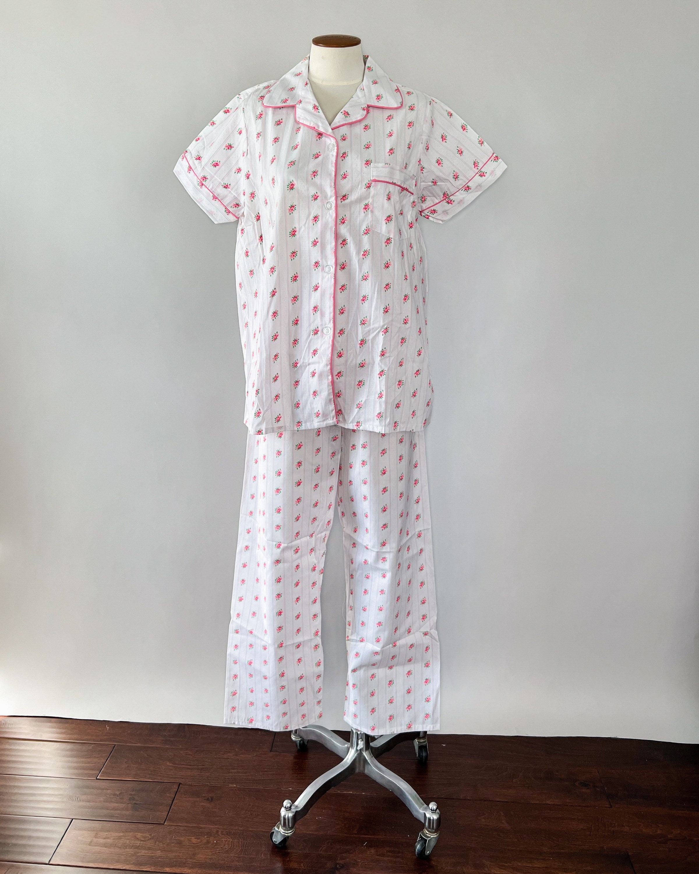 Vintage 80s Pajamas, 1980s 1990s Multi Floral Stripe Cotton Poly 2PC PJ ...
