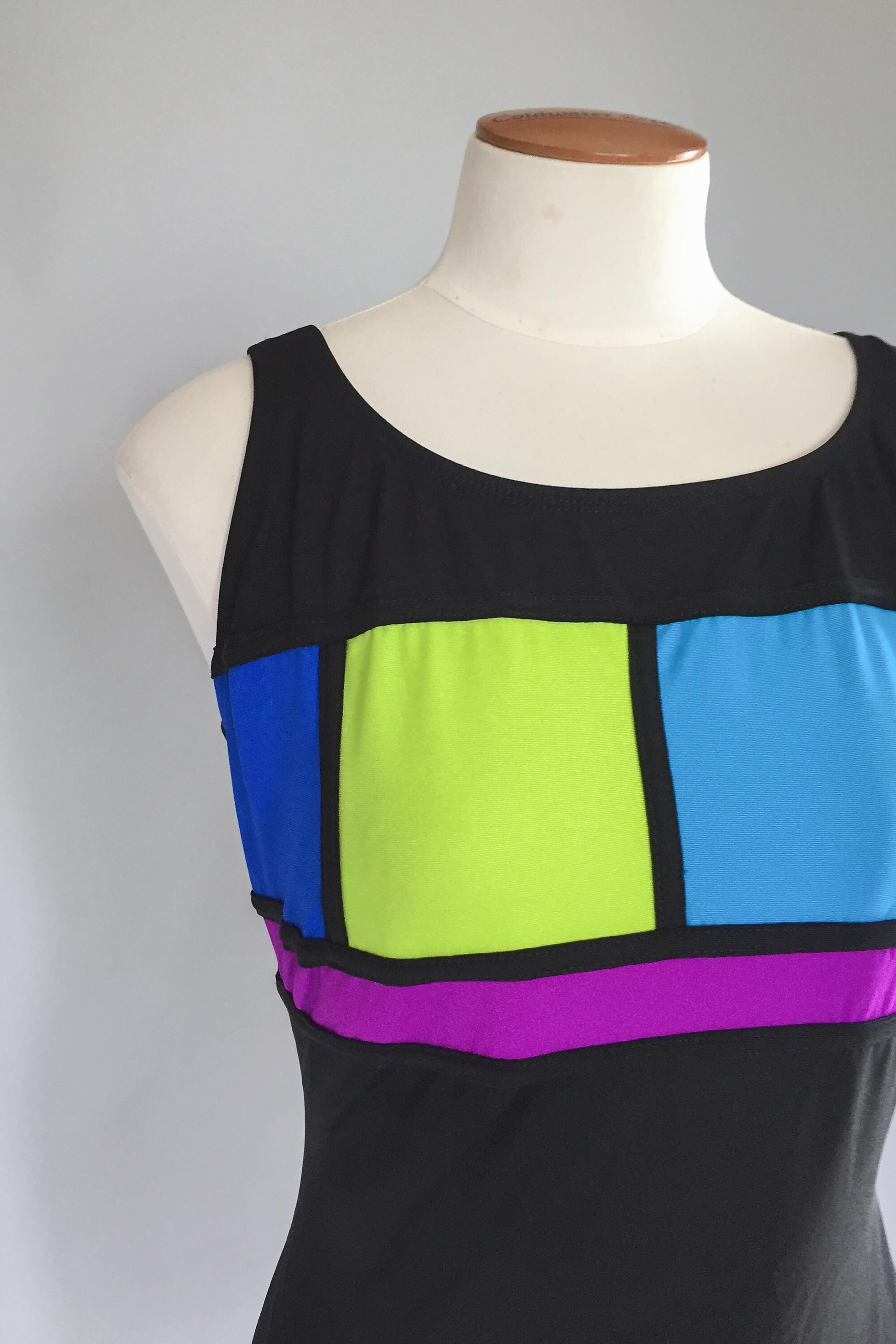 Vintage 1990s Black Rainbow Colorblock One Piece Scoop Back Swimsuit By