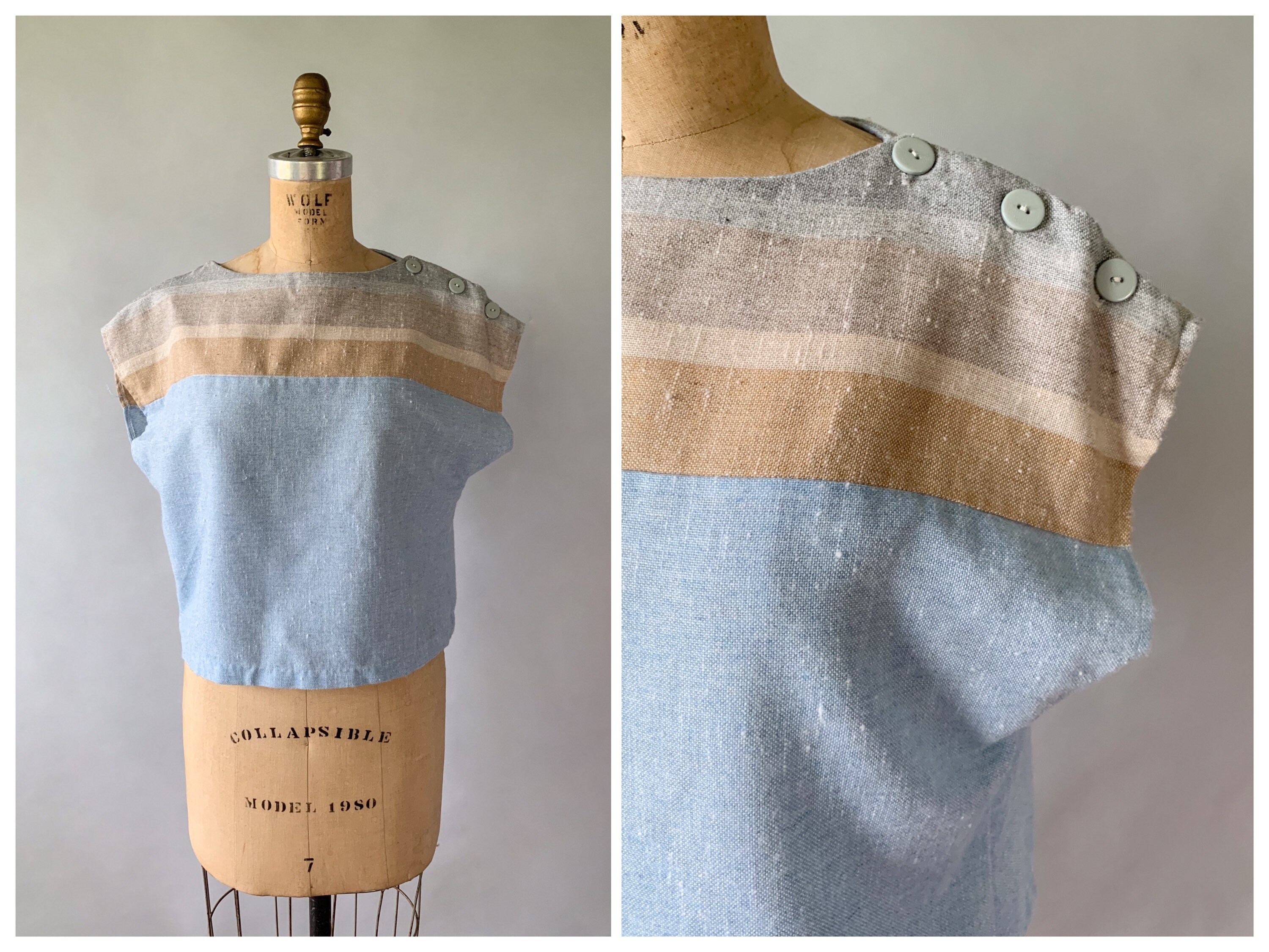 Vintage 1980s blue and brown striped woven boxy dolman short sleeved ...