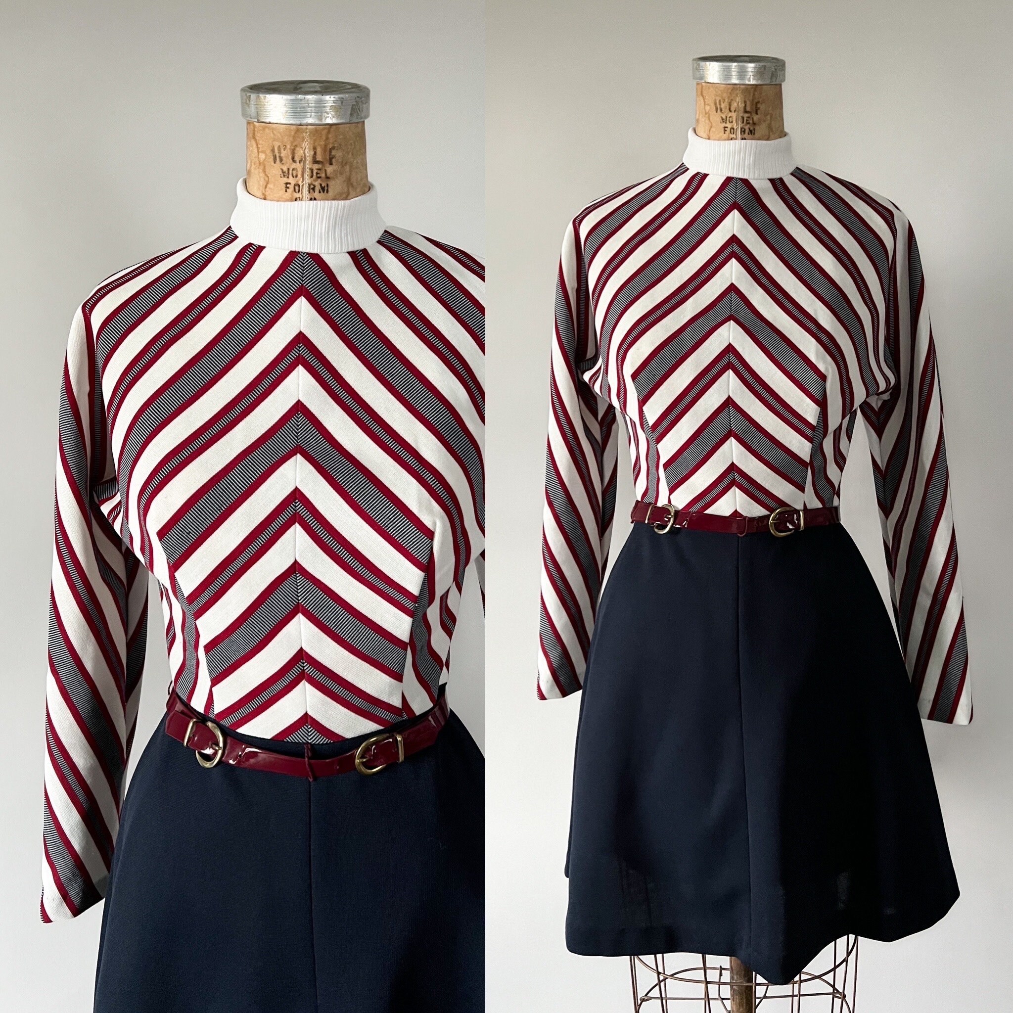 Vintage 1960s Mod Navy White Red Chevron Mock Neck Mini, Extra Small, Small