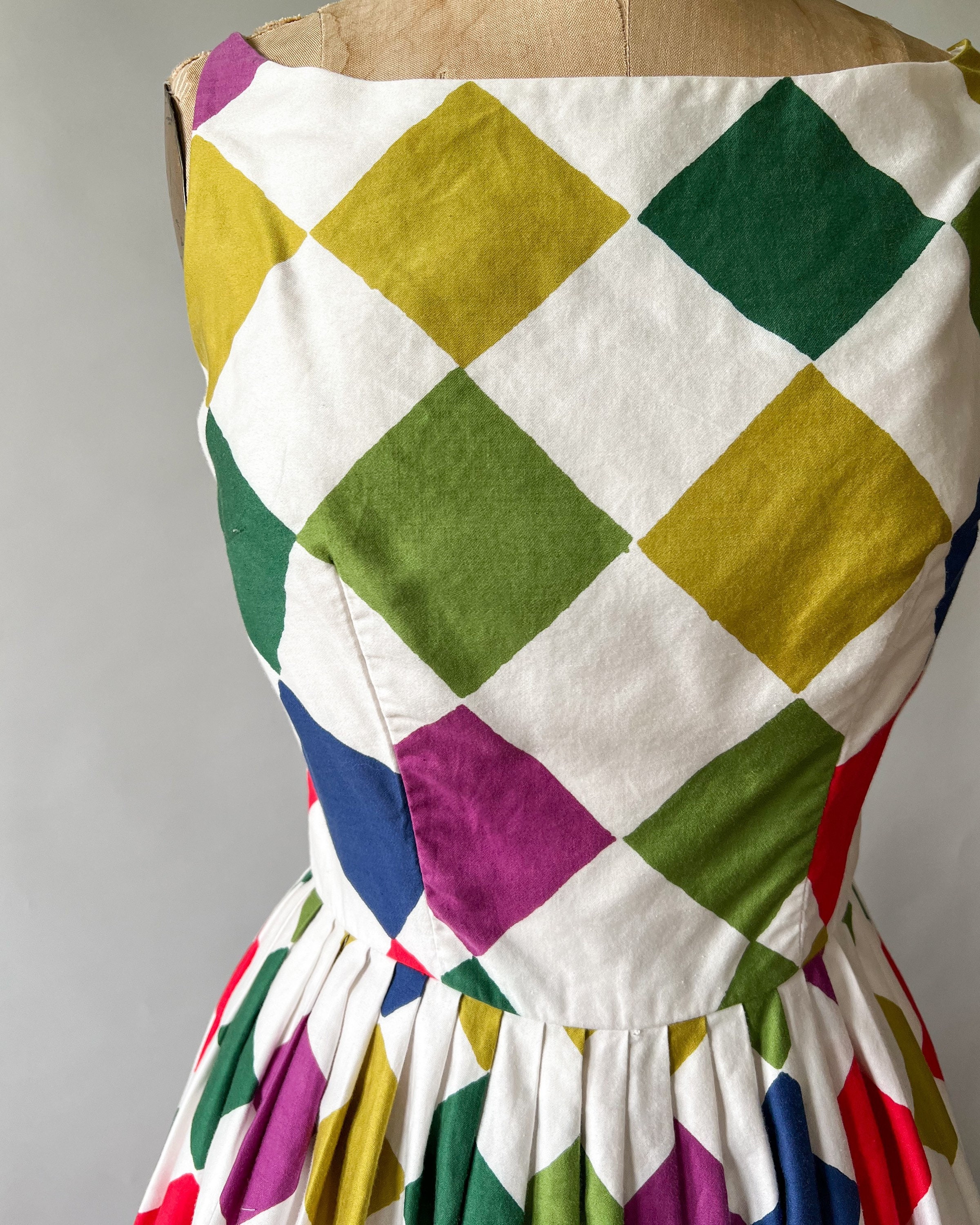 Rare 1950s jewel tone rainbow diamond print harlequin dress, Extra ...