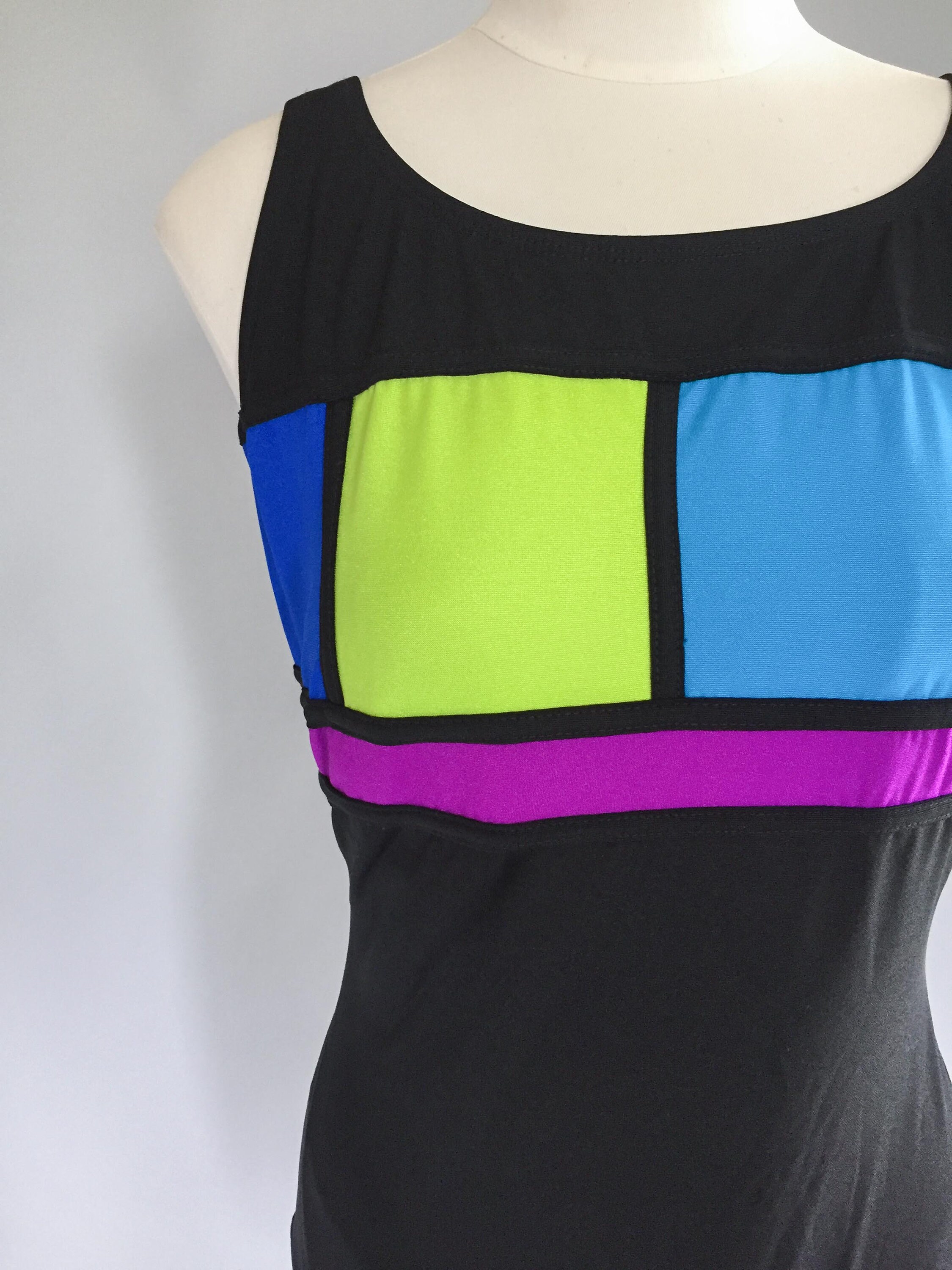 Vintage 1990s black rainbow colorblock one piece scoop back swimsuit by ...