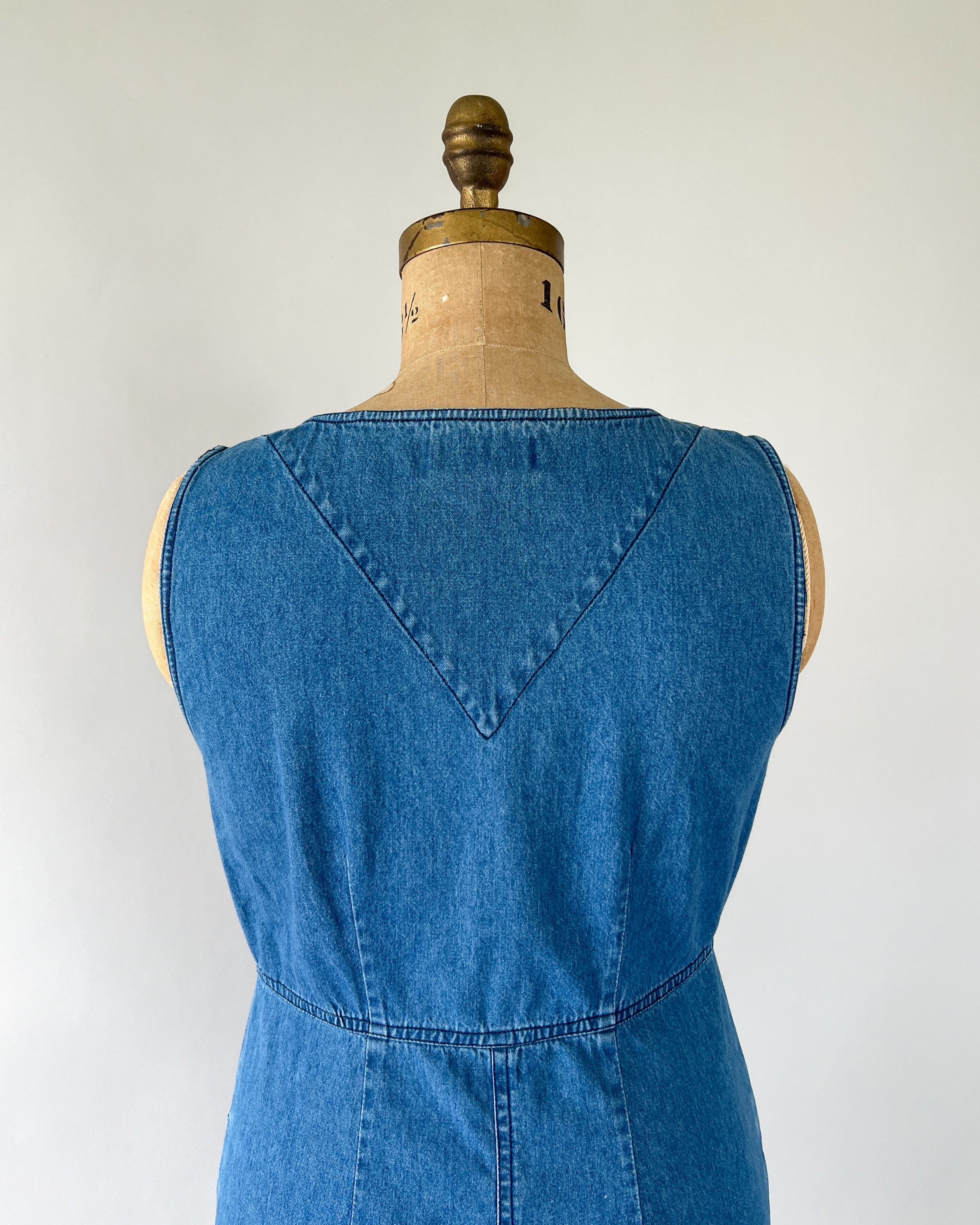 Vintage 1990s floral embroidered denim pinafore jumper dress, medium