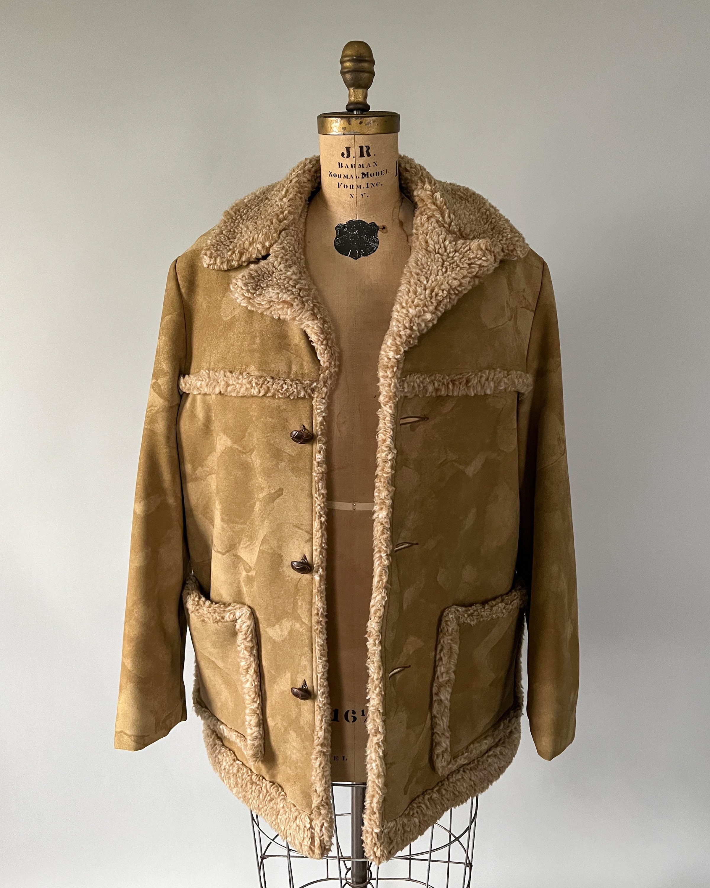 Vintage 1970s faux suede Sherpa lined rancher coat, Unisex Size 42
