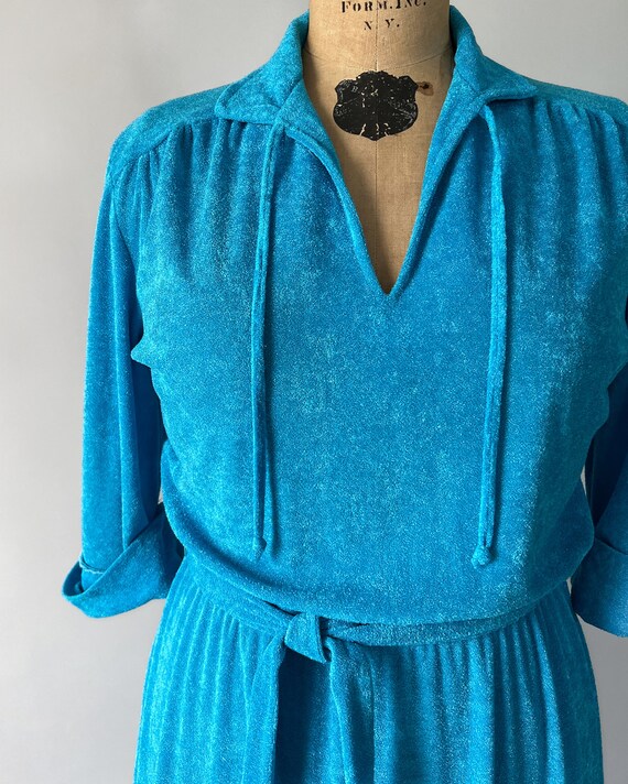 Vintage 70s Dress, 1970s Bright Aqua Blue Terry Cloth… - Gem