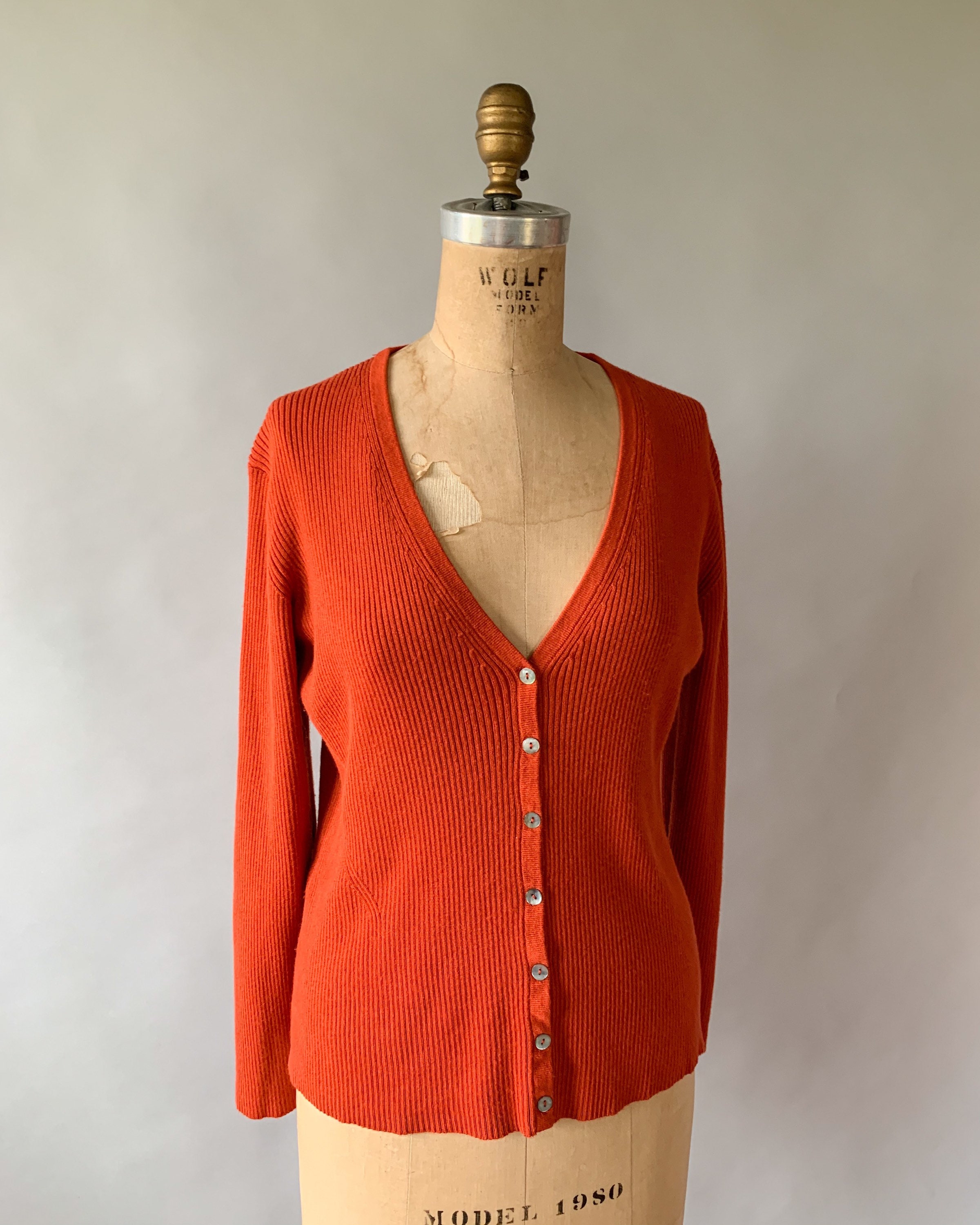 Vintage 1990s orange ribbed knit button down fitted sweater, Small