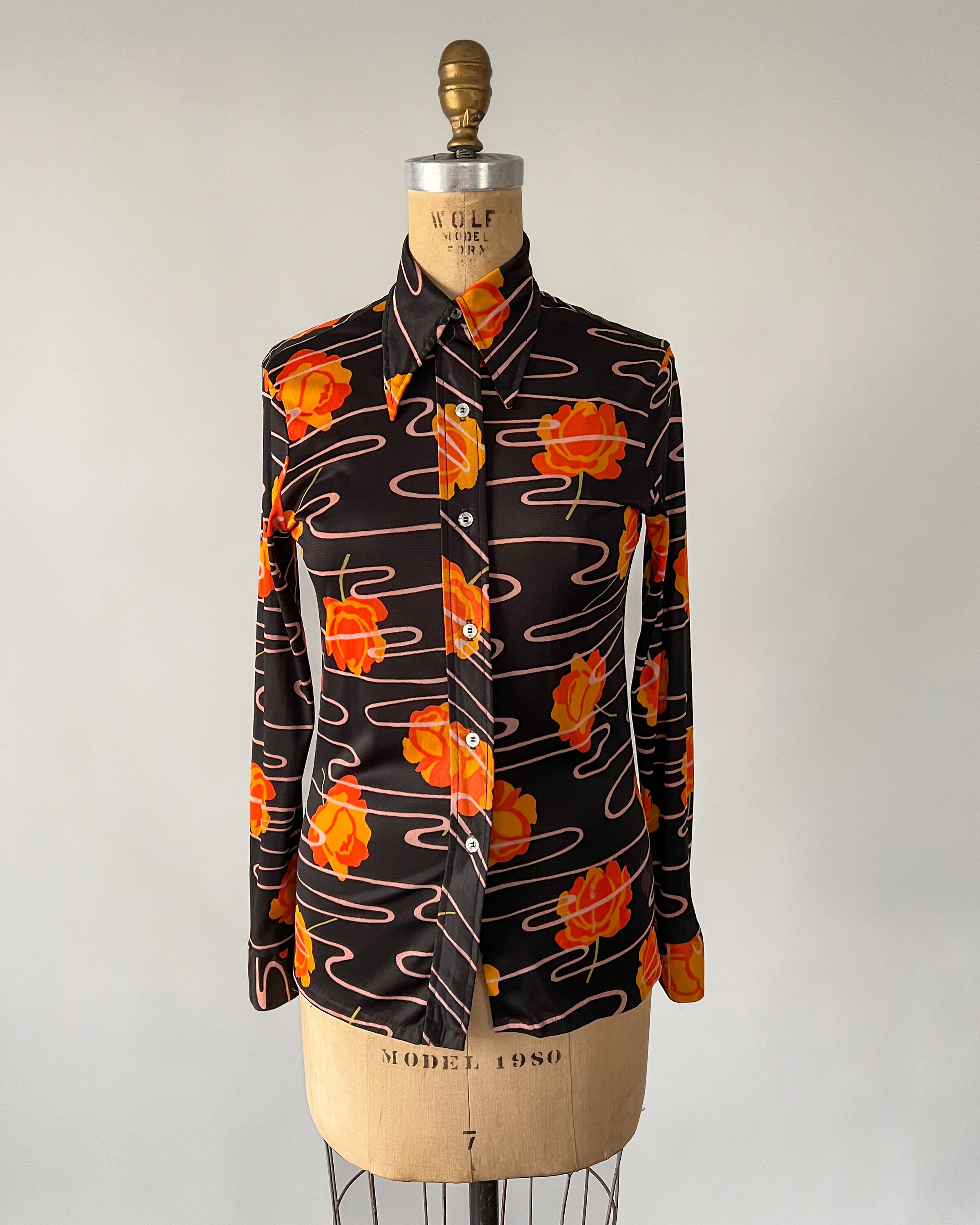 Vintage 70s Shirt, 1970s Tail’s End Neon Floral Top, Black Orange Red ...