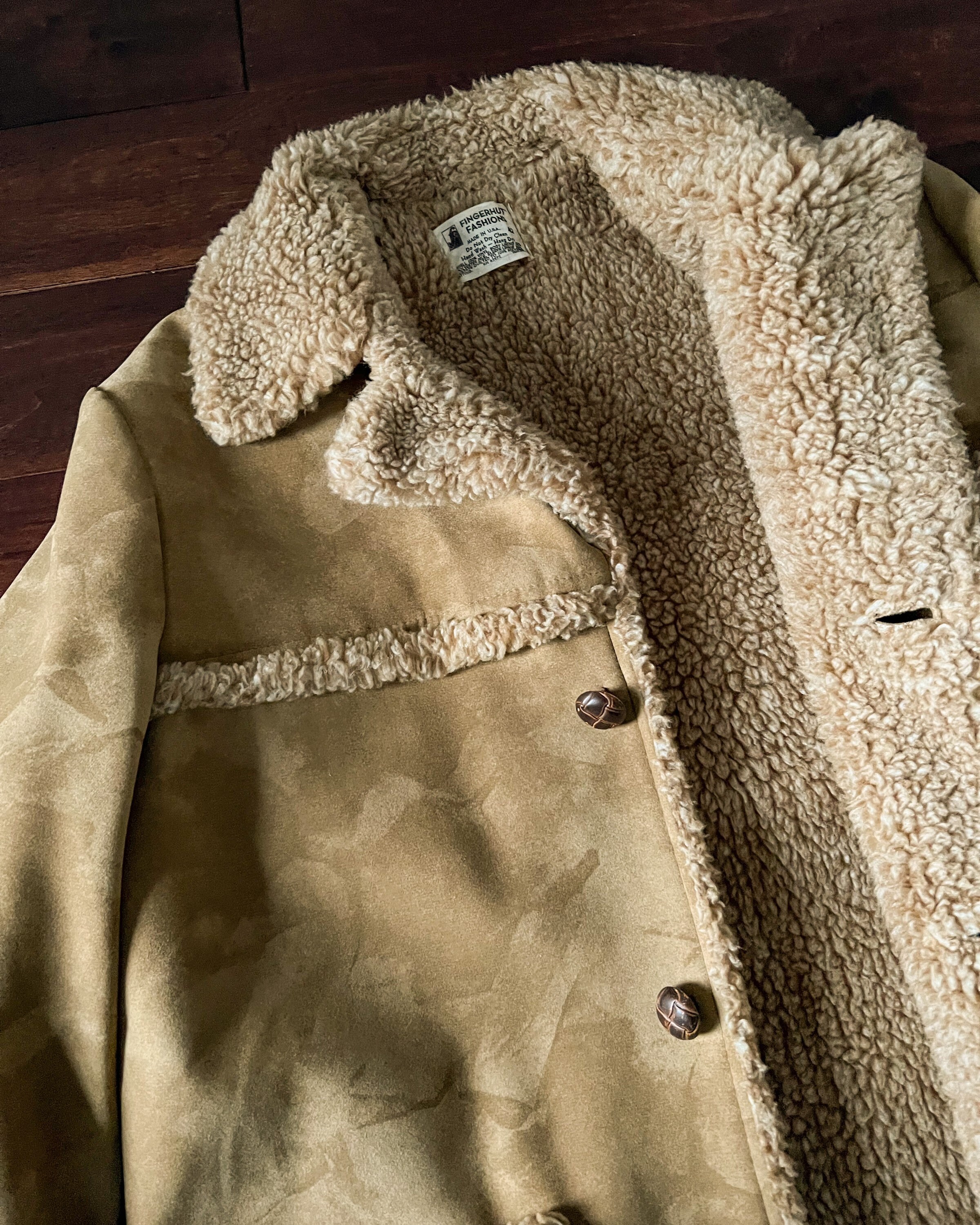 Vintage 1970s faux suede Sherpa lined rancher coat, Unisex Size 42