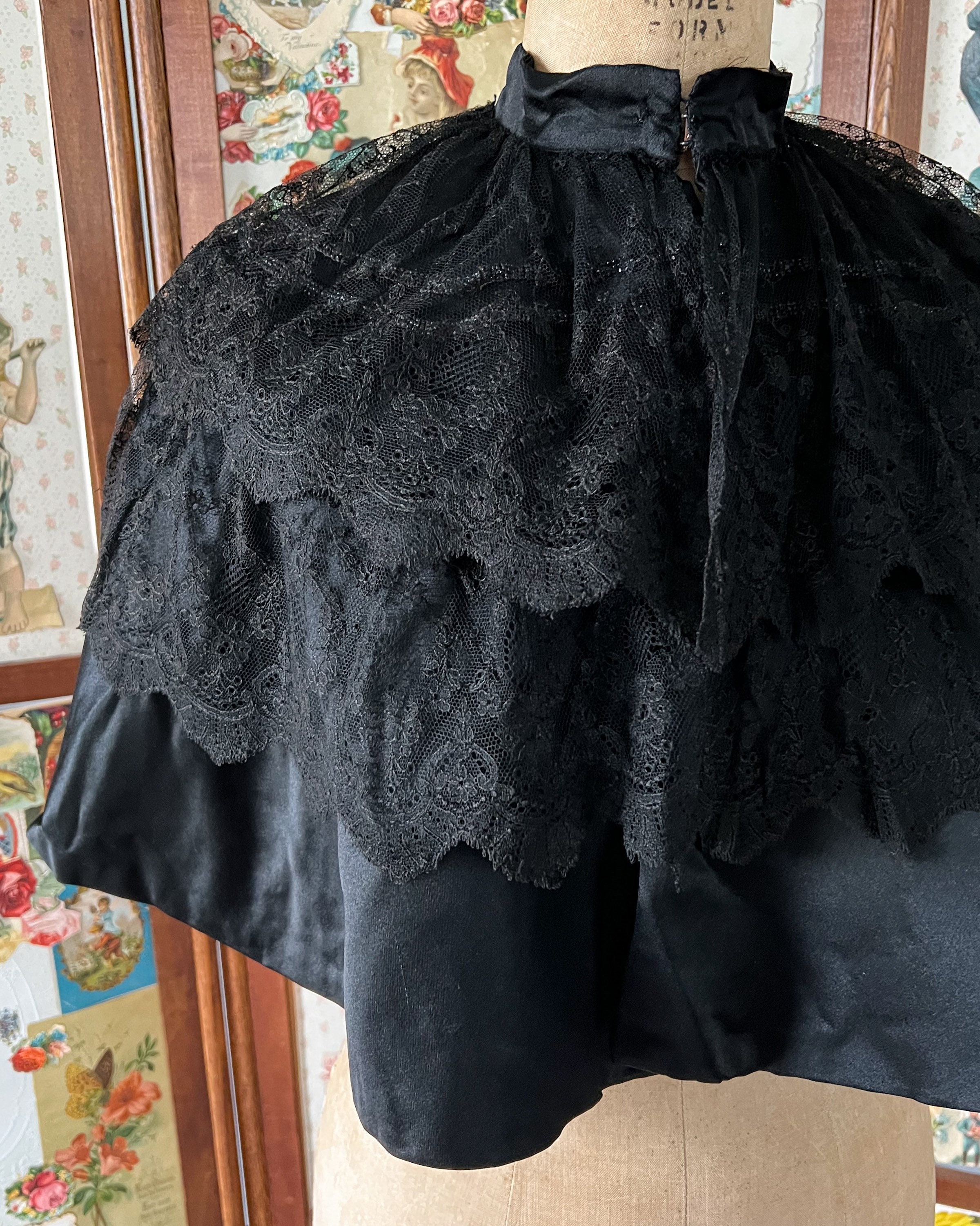 Antique 1890s Victorian black silk ruffled lace mourning capelet with ...