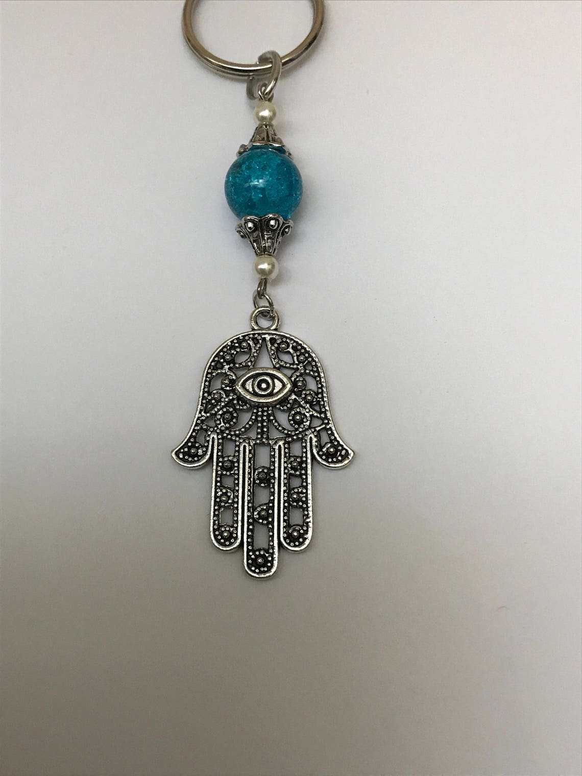 Hamsa Hand Keychain With Crystal Blue Bead - Etsy