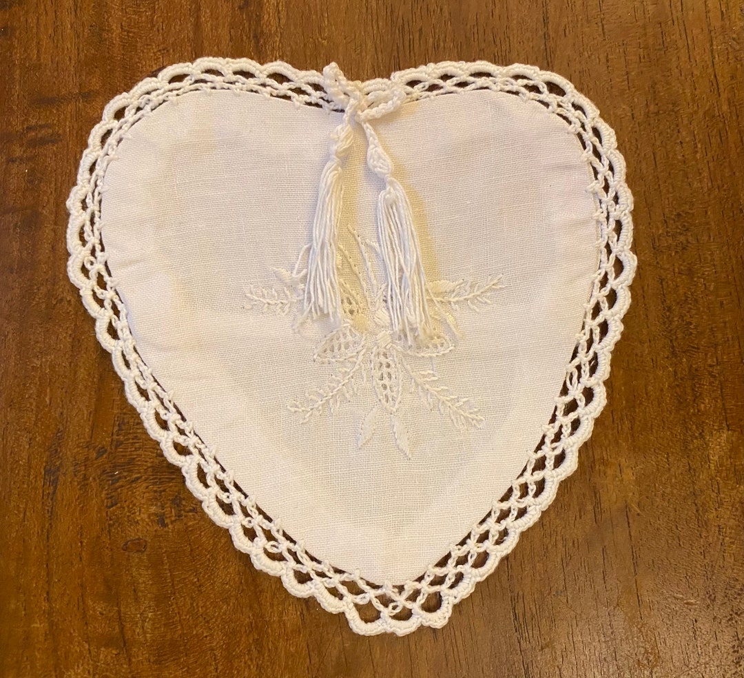 New Heart Sachet Pouch Embroidered With Crochet Border SWEET! Never ...