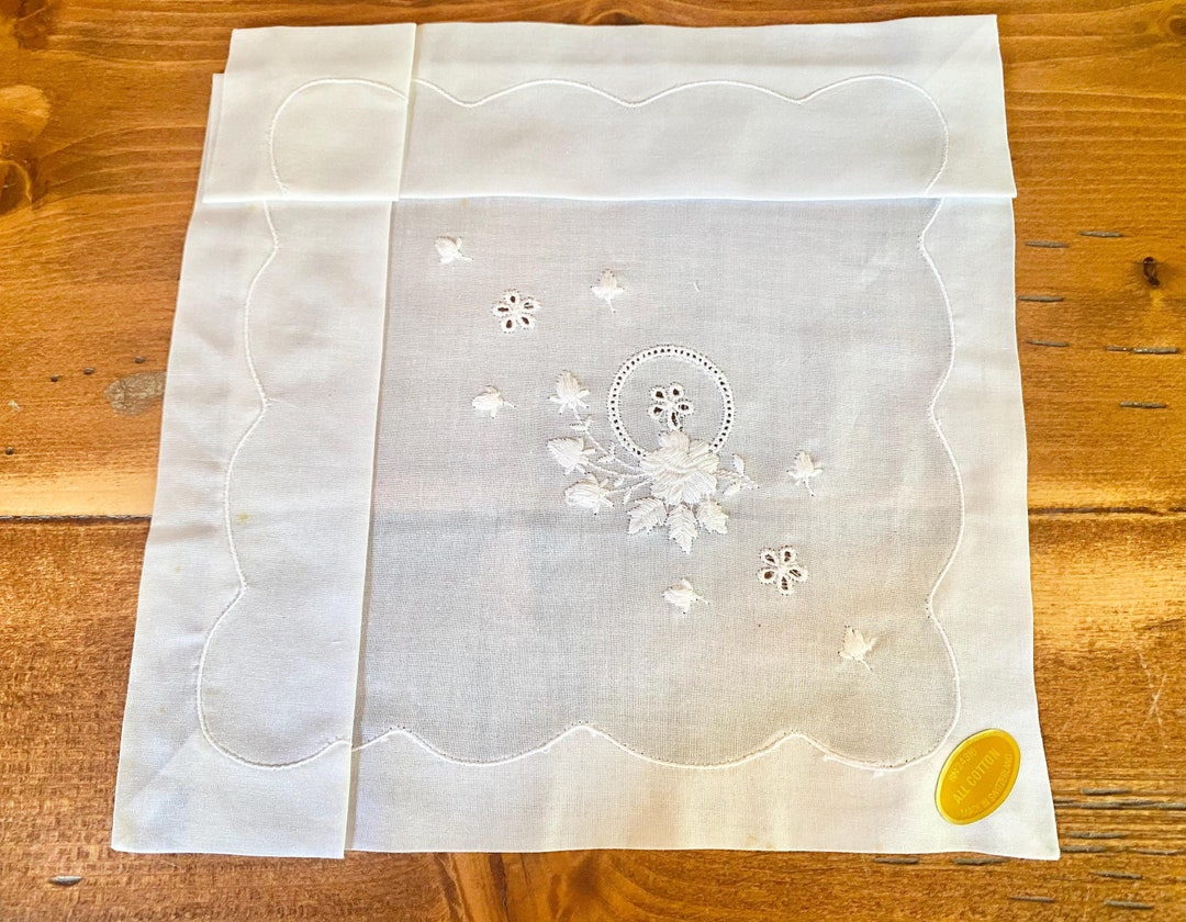 Handkerchief Fine Cotton White Embroidered Folded Border Never Used/new ...