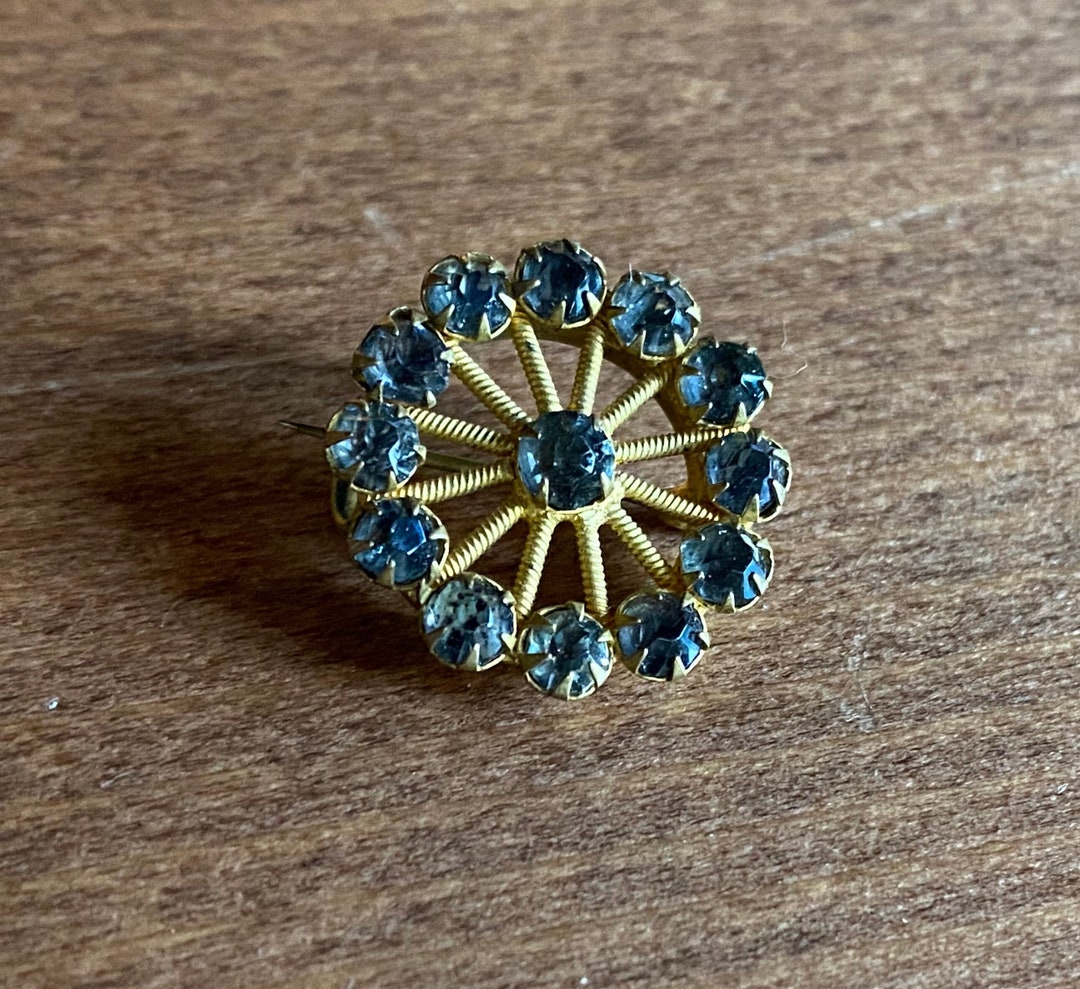 Antique Edwardian Small Pin - Wheel of Blue Rhinestones & Pressed Gold ...