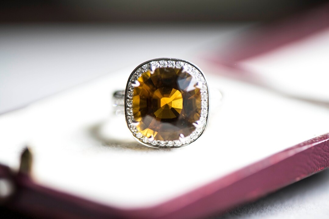 Vintage Brown Zircon Diamond Ring, Dark Yellow Gemstone White Gold ...