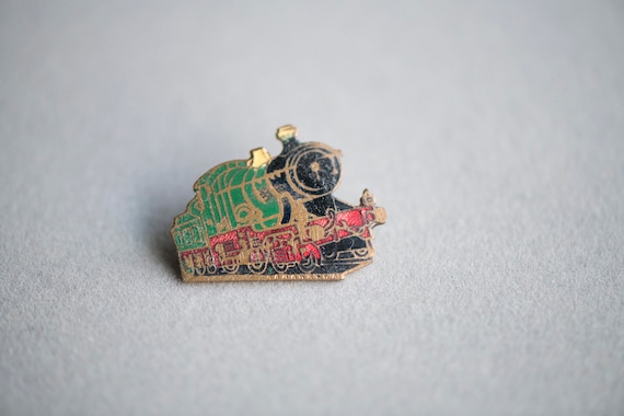 Vintage train pin, green red locomotive, travel pin j… - Gem