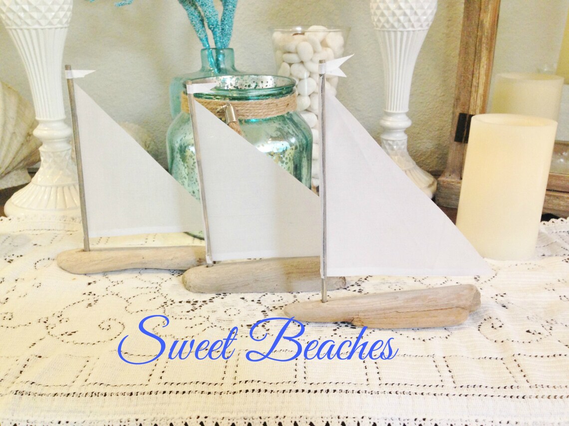 6 to 8 Inch Driftwood Sailboat Linen Sails Seaside Nautical Decor ...
