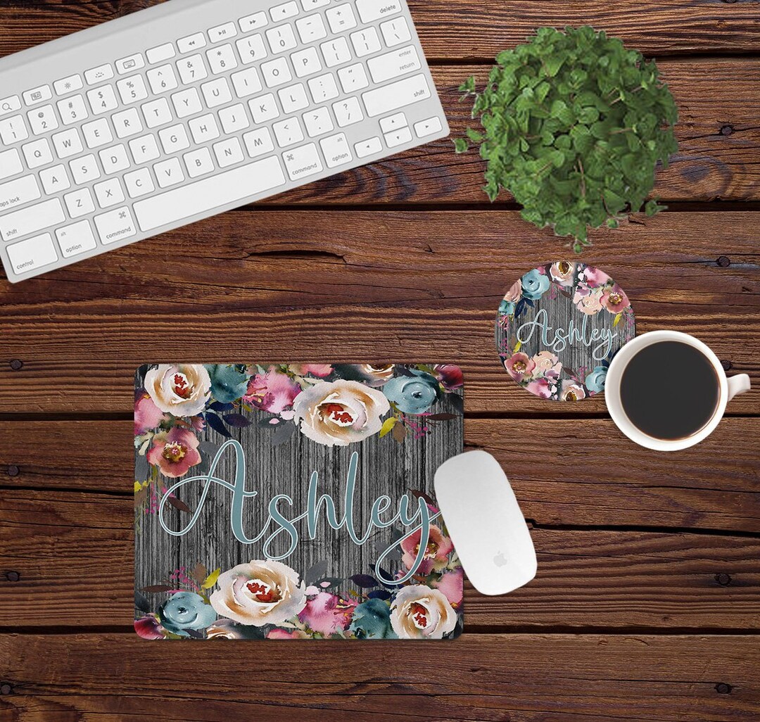 Mouse Pad and Coaster Set,personalized Desk Set,floral,grey,white ...