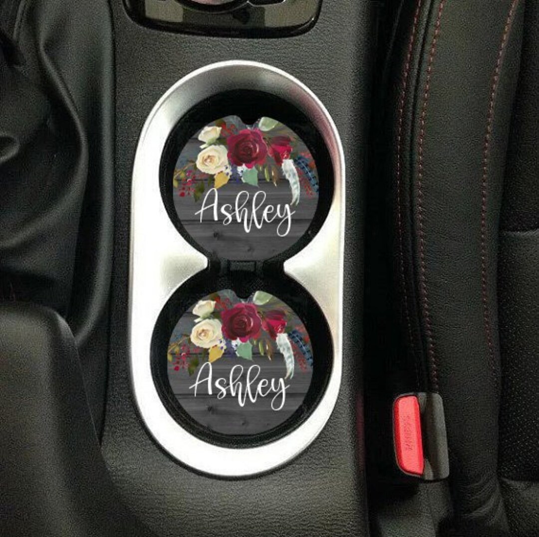 Floral Car Coaster Set, Rustic Wood Grain, Personalized Name - Etsy
