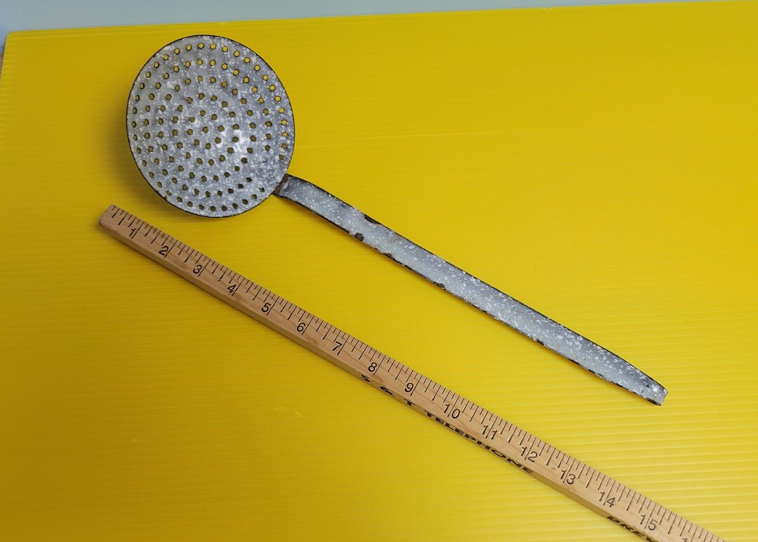 Ant. Gray Speckled Enamel Skimmer Strainer, Primitive Strainer, Vintage ...