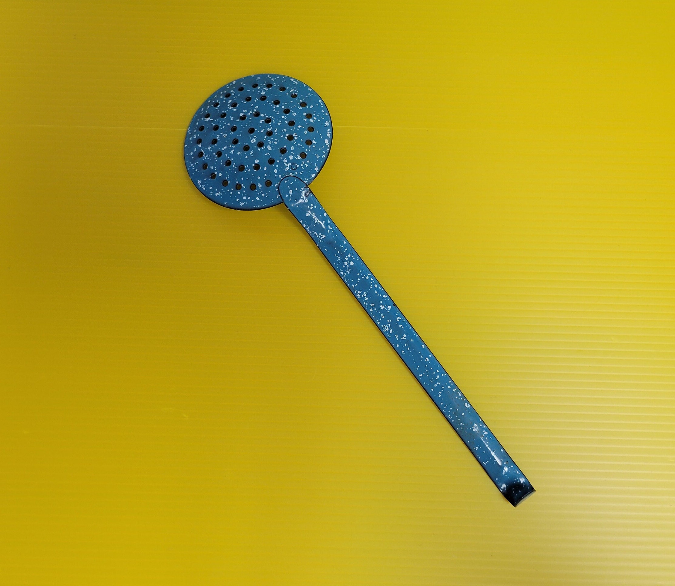 Ant. Blue Speckled Enamel Skimmer Strainer, Primitive Strainer, Vintage ...